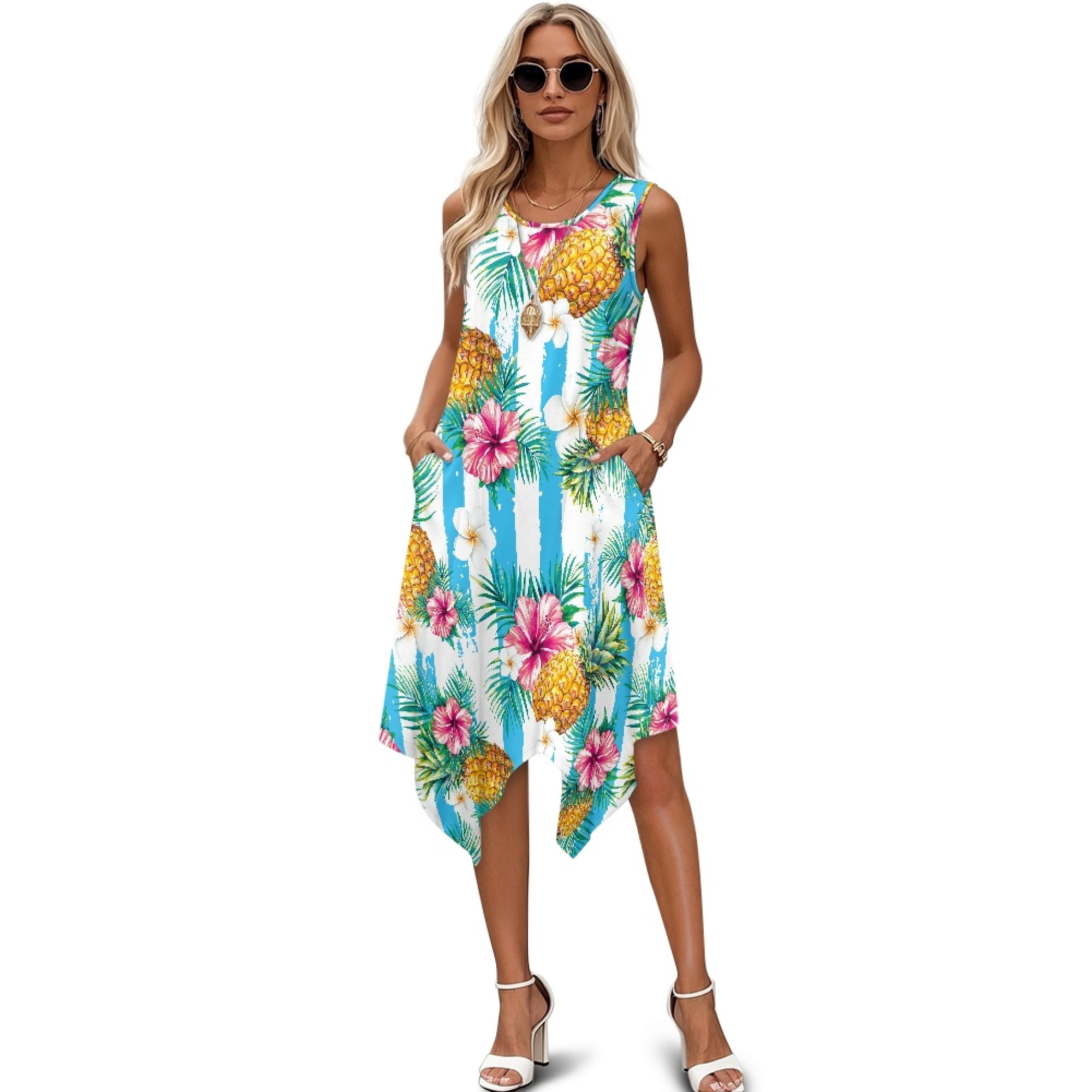 Binienty Side Pockets Ladies Irregular Hem Casual Dress, Tropical ...