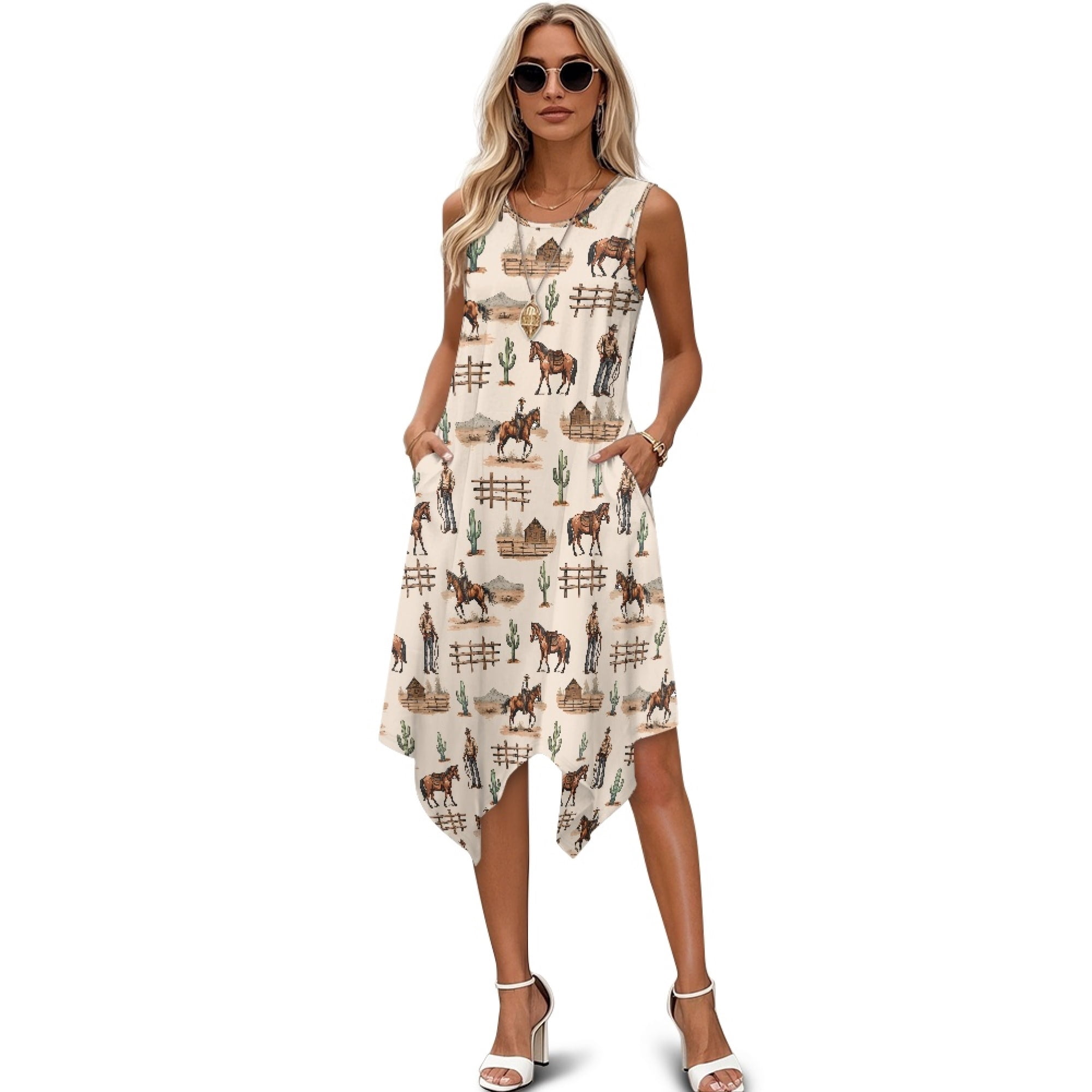 Binienty Side Pockets Ladies Irregular Hem Casual Dress, Western Cowboy ...