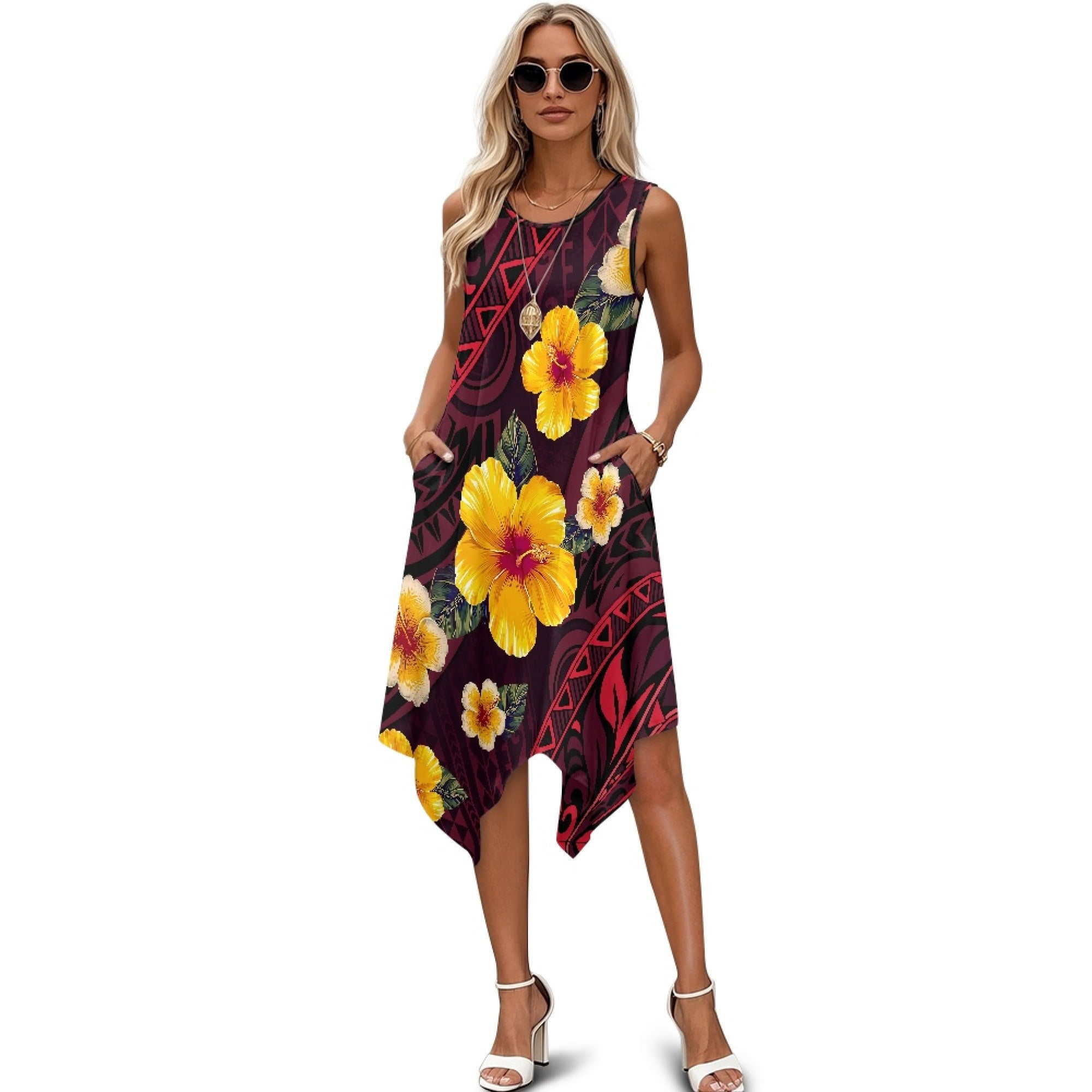 Binienty Side Pockets Ladies Irregular Hem Casual Dress, Yellow ...