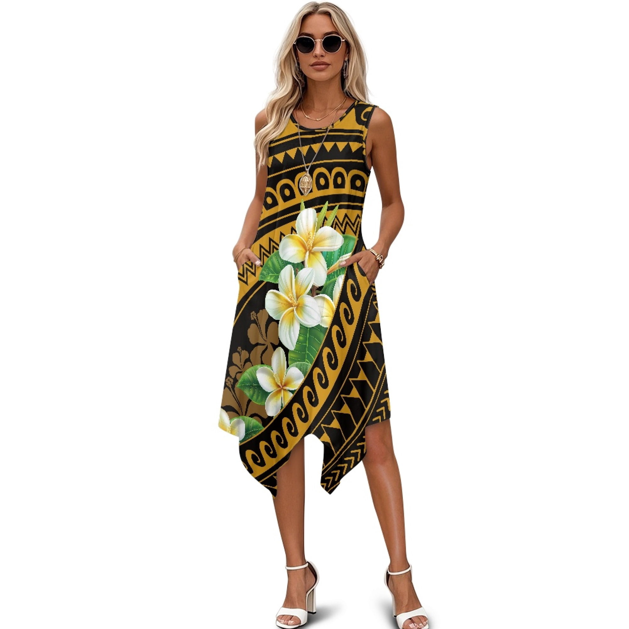 Binienty Side Pockets Summer Sleeveless Dress, Plumeria Pattern ...