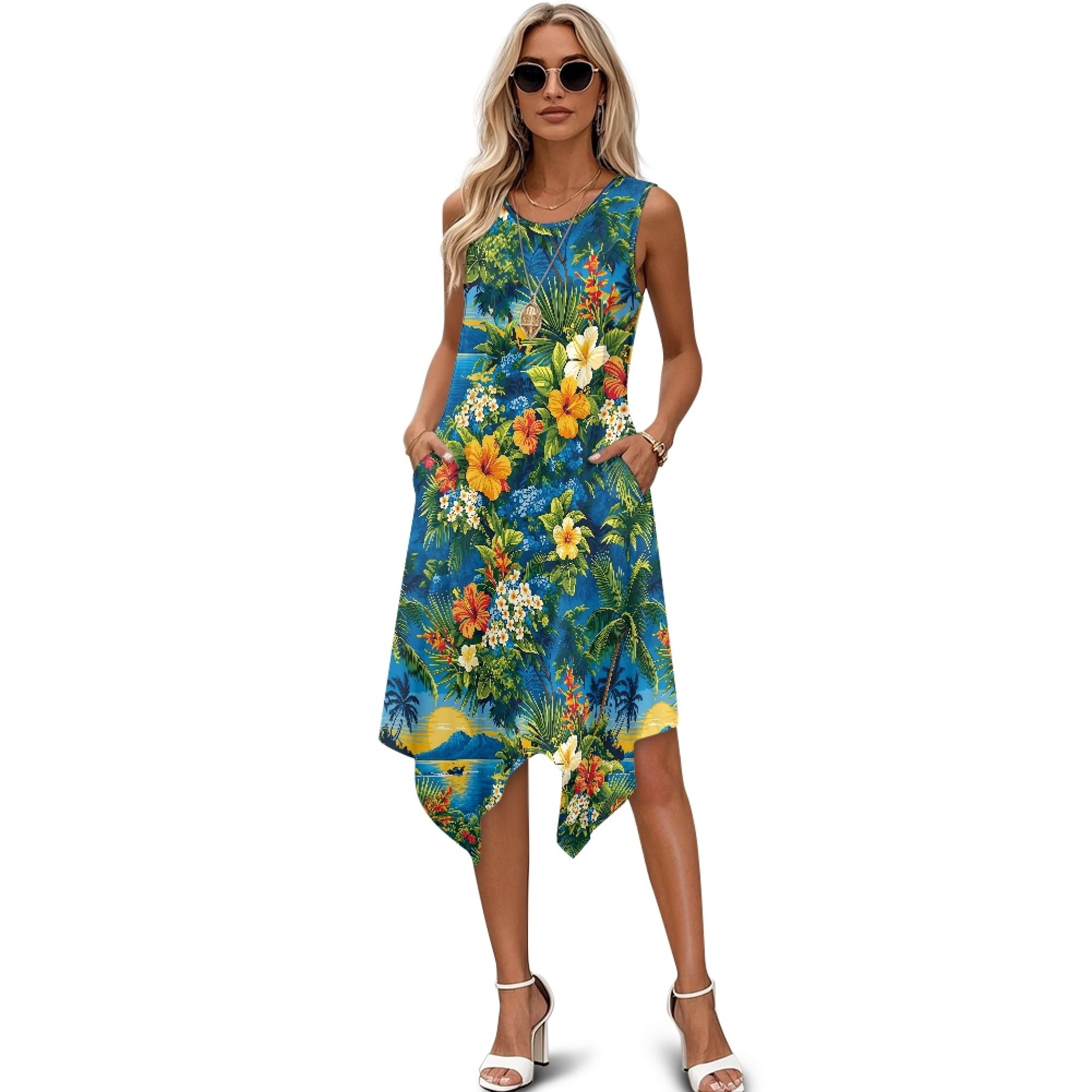 Binienty Side Pockets Summer Sleeveless Dress, Tropical Hawaiian Floral ...