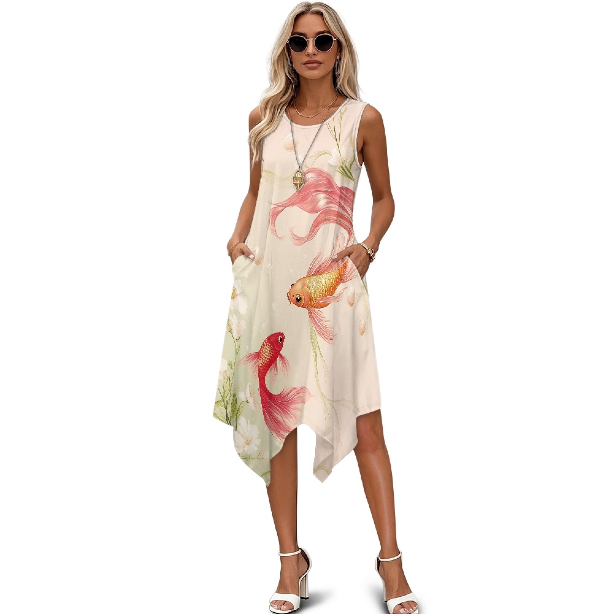 Binienty Sleeveless Dress, Goldfish Floral Print Side Pockets ...
