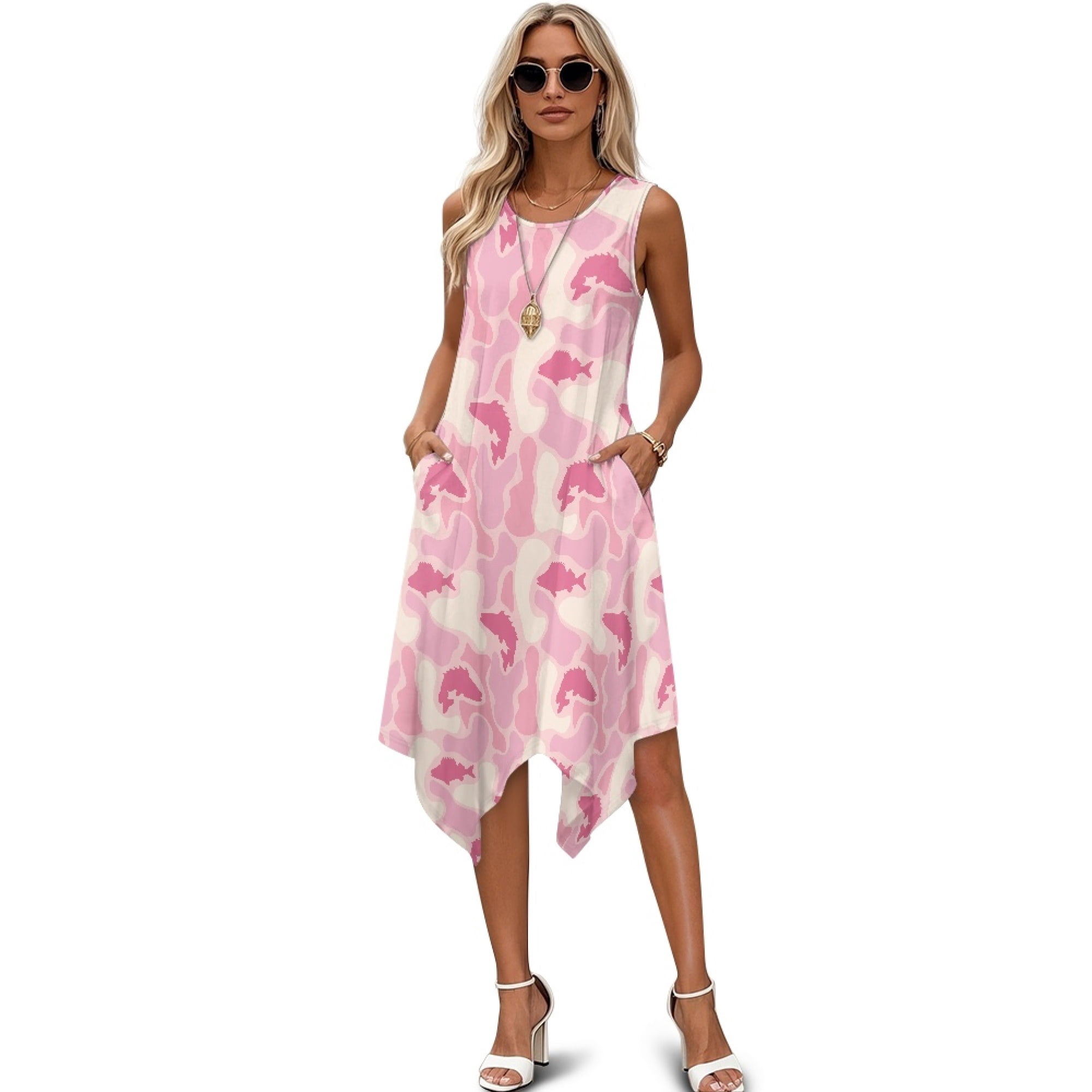 Binienty Sleeveless Dress with Pink Fish Camo Pattern, Pleated Sundress ...