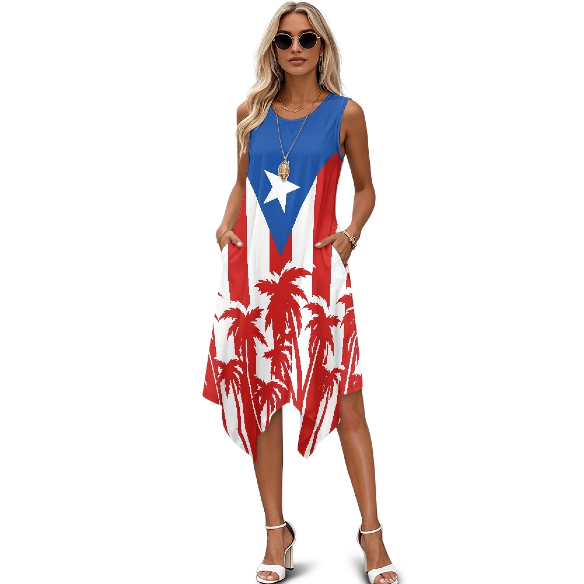 Binienty Sleeveless Dresses, Puerto Rican Flag & Palm Tree Print Round ...