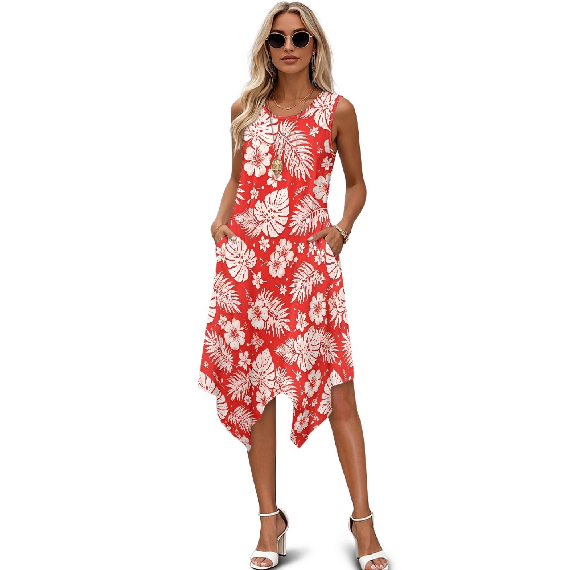 Binienty Sleeveless Long Dress with Tropical Floral Pattern, Asymmetric ...