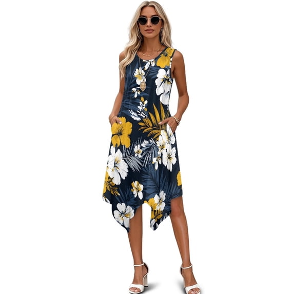 Binienty Sleeveless Midi Dress with Tropical Floral Pattern, Irregular ...