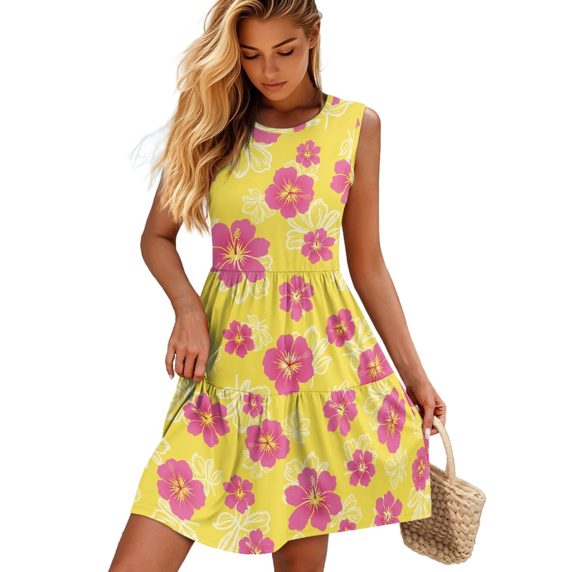Binienty Sleeveless Mini Dress with Pink Hibiscus Pattern, Flowy Tiered ...