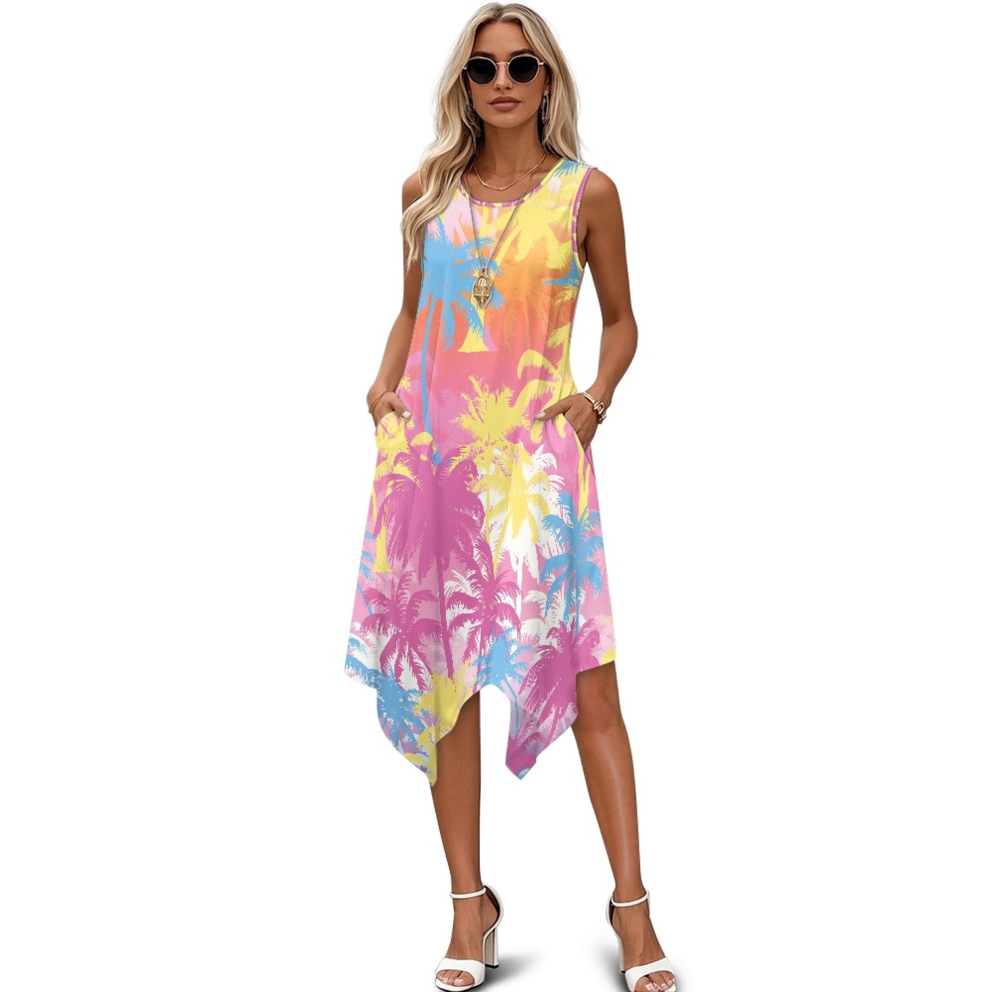Binienty Sleeveless Sundress with Palm Tree Print, Irregular Hem Midi ...