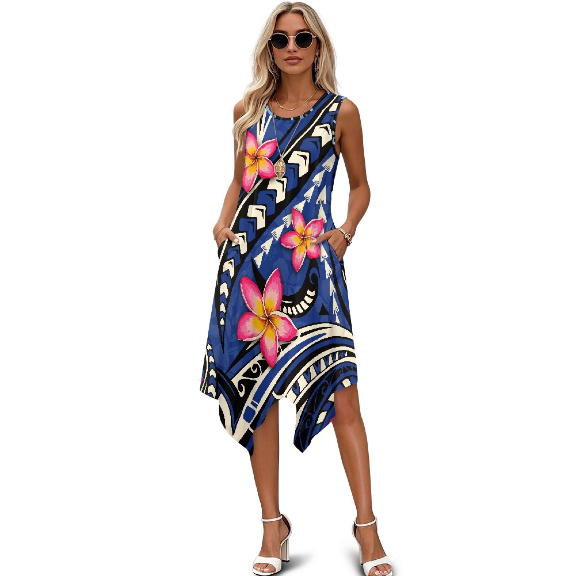 Binienty Sleeveless Sundress, Pink Floral Side Pockets Summer ...