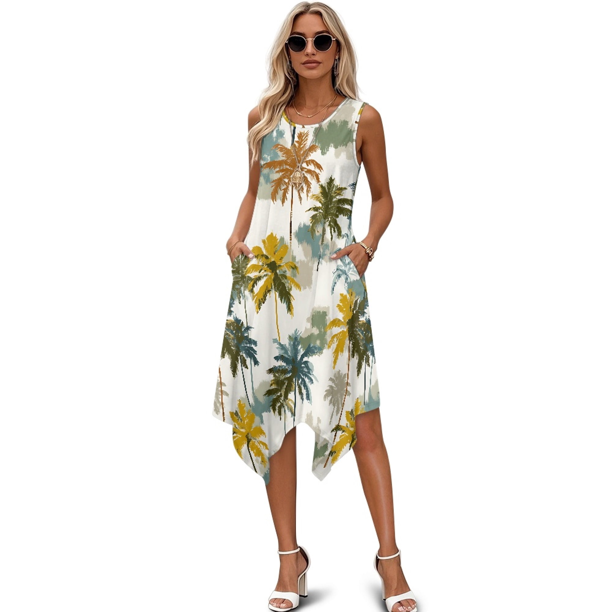 Binienty Sleeveless Sundress in Vintage Palm Tree Pattern, Asymmetric ...