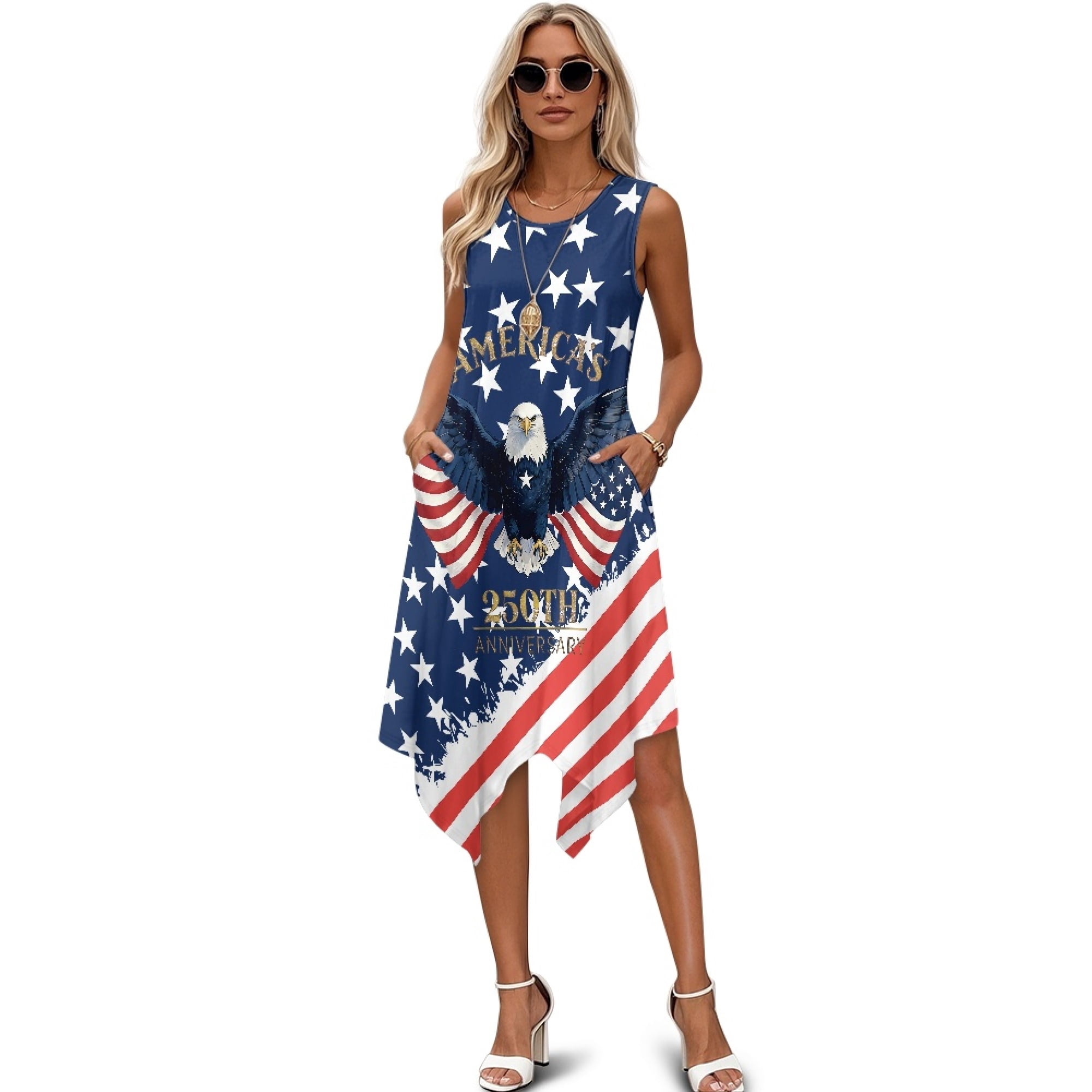Binienty Sleeveless Sundress with American Eagle Flag Print, Asymmetric ...