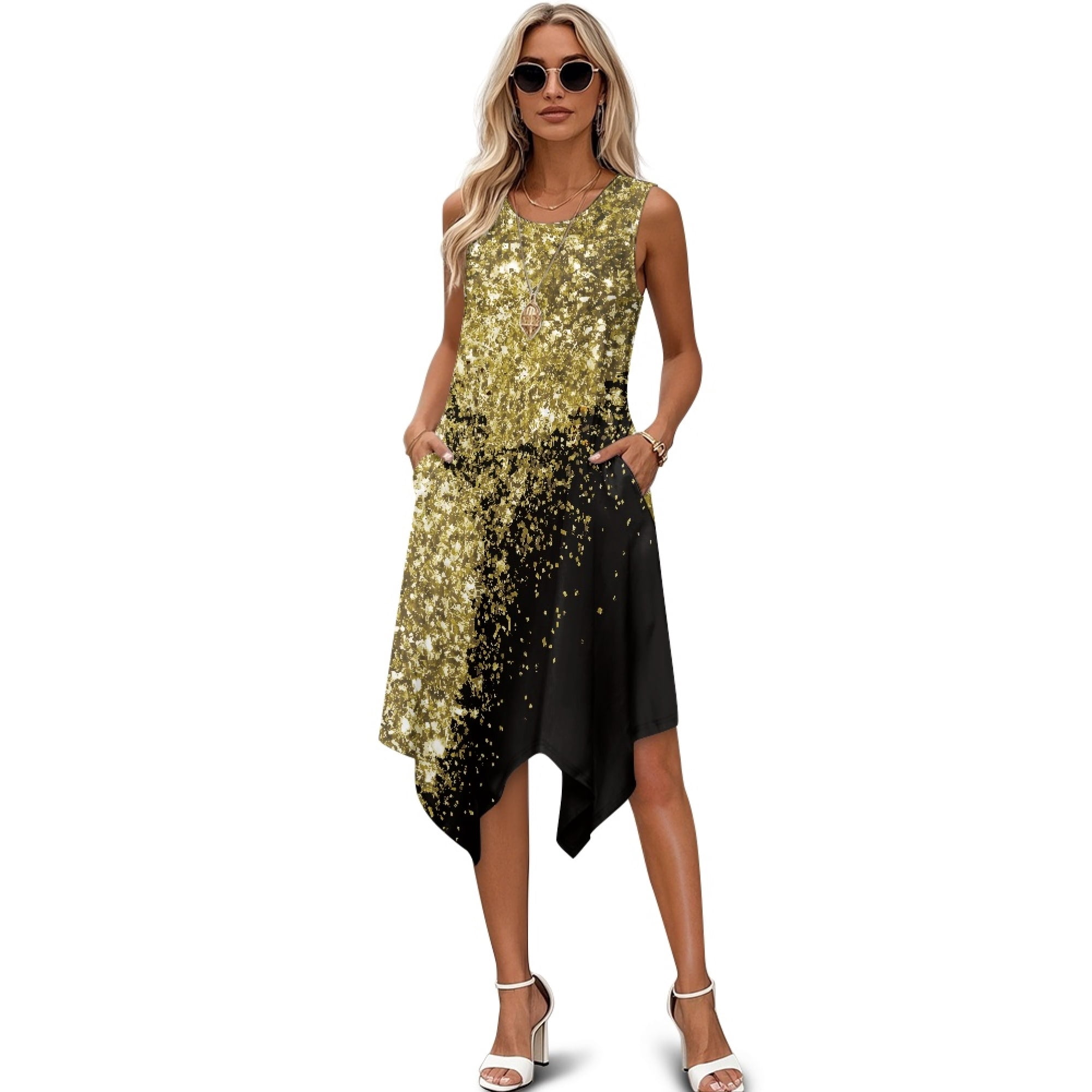 Binienty Sleeveless Sundress with Asymmetric Hem, Midi Dress with Side ...