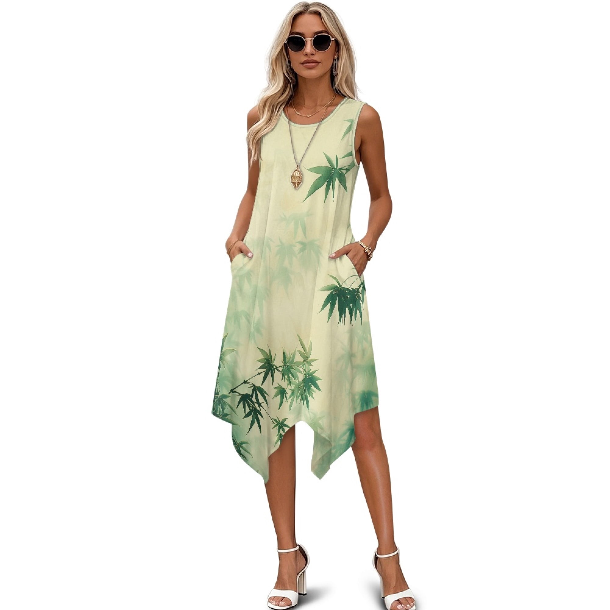 Binienty Sleeveless Sundress with Bamboo Leaf Print, Asymmetric Hem ...