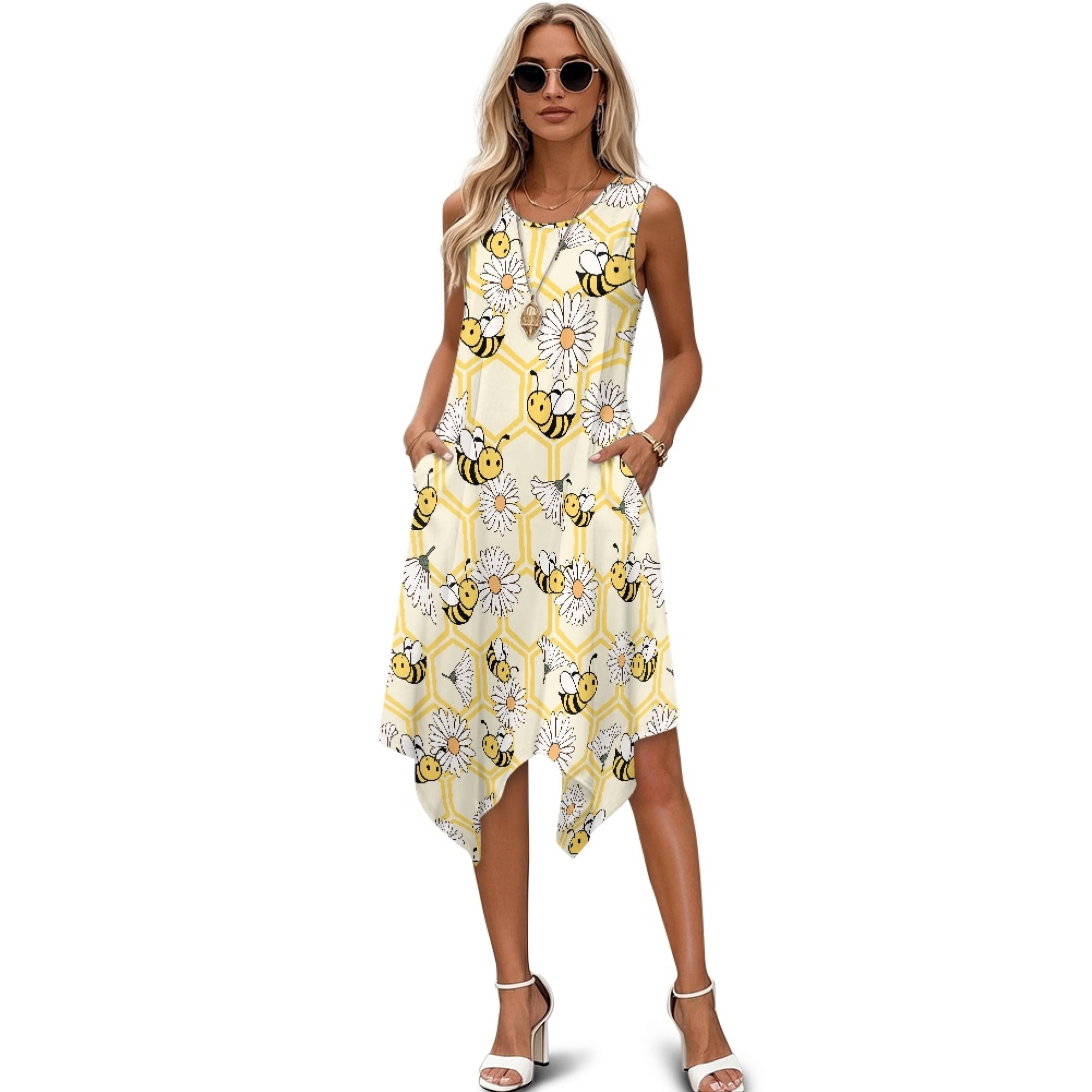 Binienty Sleeveless Sundress with Bee Daisy Print, Asymmetric Hem Midi ...