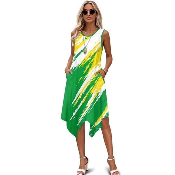 Binienty Sleeveless Sundress with Brush Stroke Pattern, Asymmetric Midi ...
