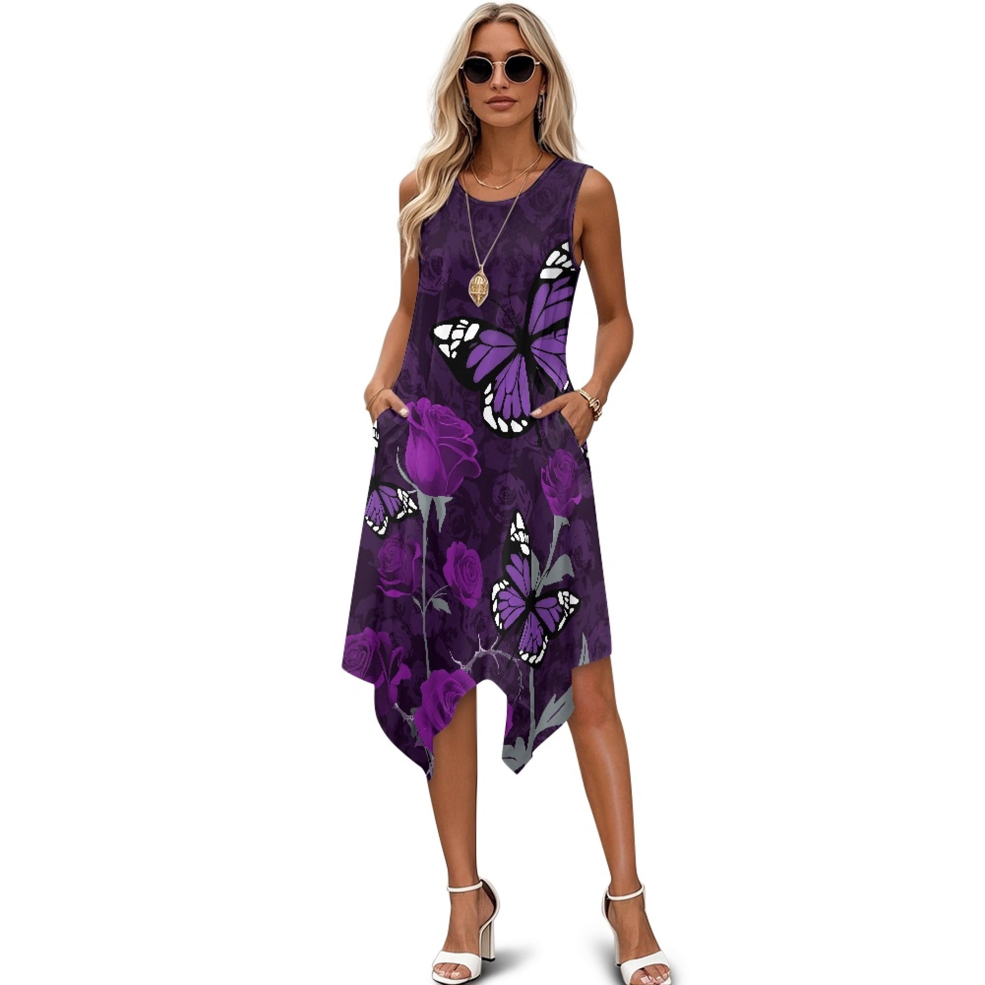 Binienty Sleeveless Sundress with Butterfly Rose, Asymmetric Hem Midi ...