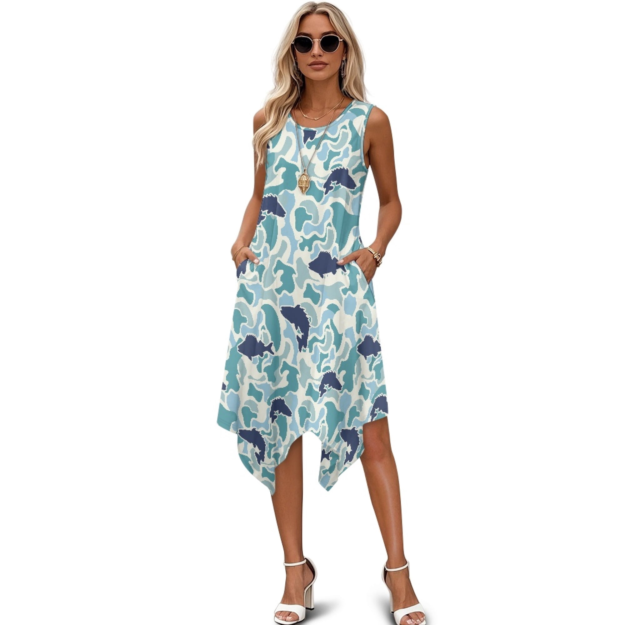 Binienty Sleeveless Sundress with Camo Fish Pattern, Asymmetric Midi ...