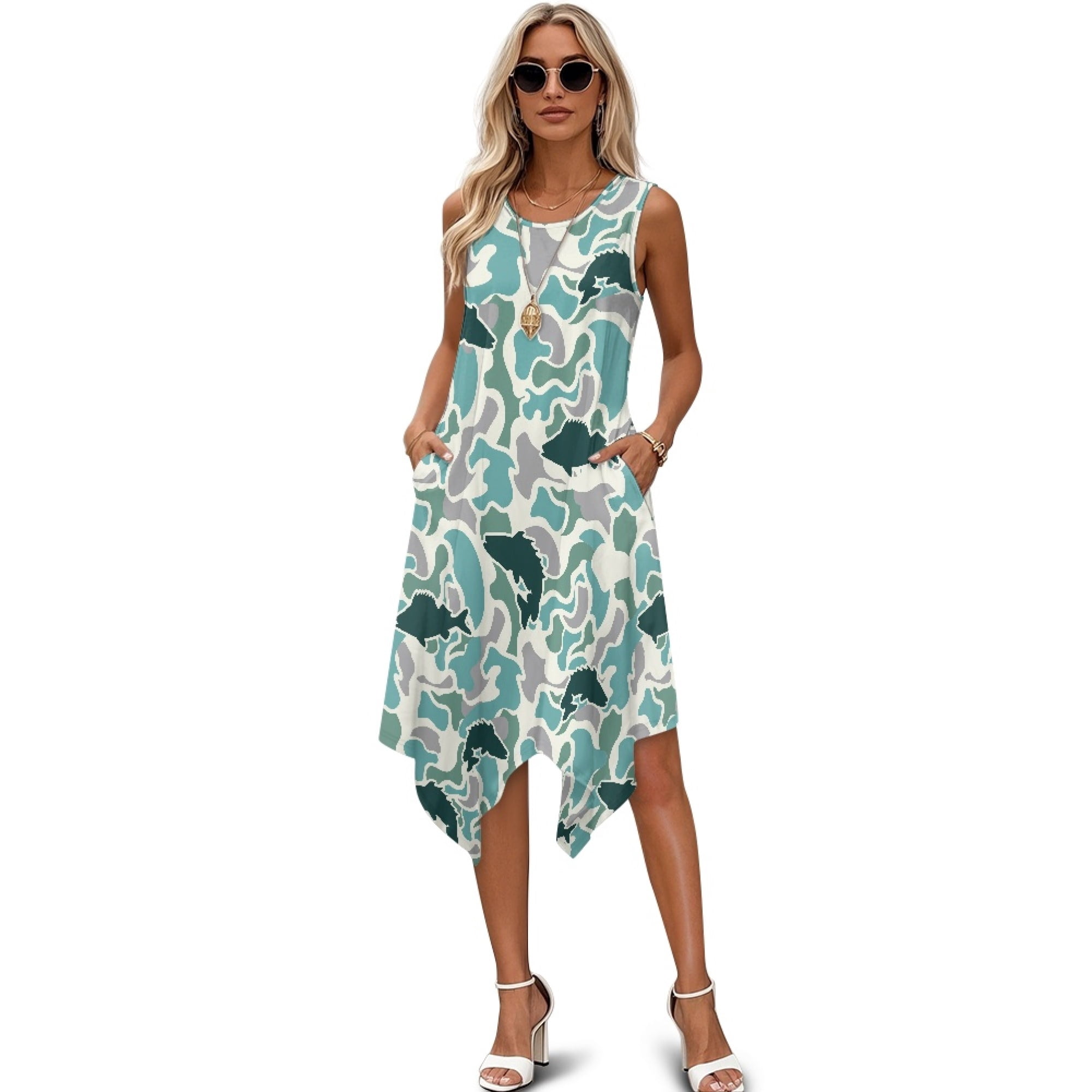 Binienty Sleeveless Sundress with Camouflage Fish Print, Asymmetric Hem ...
