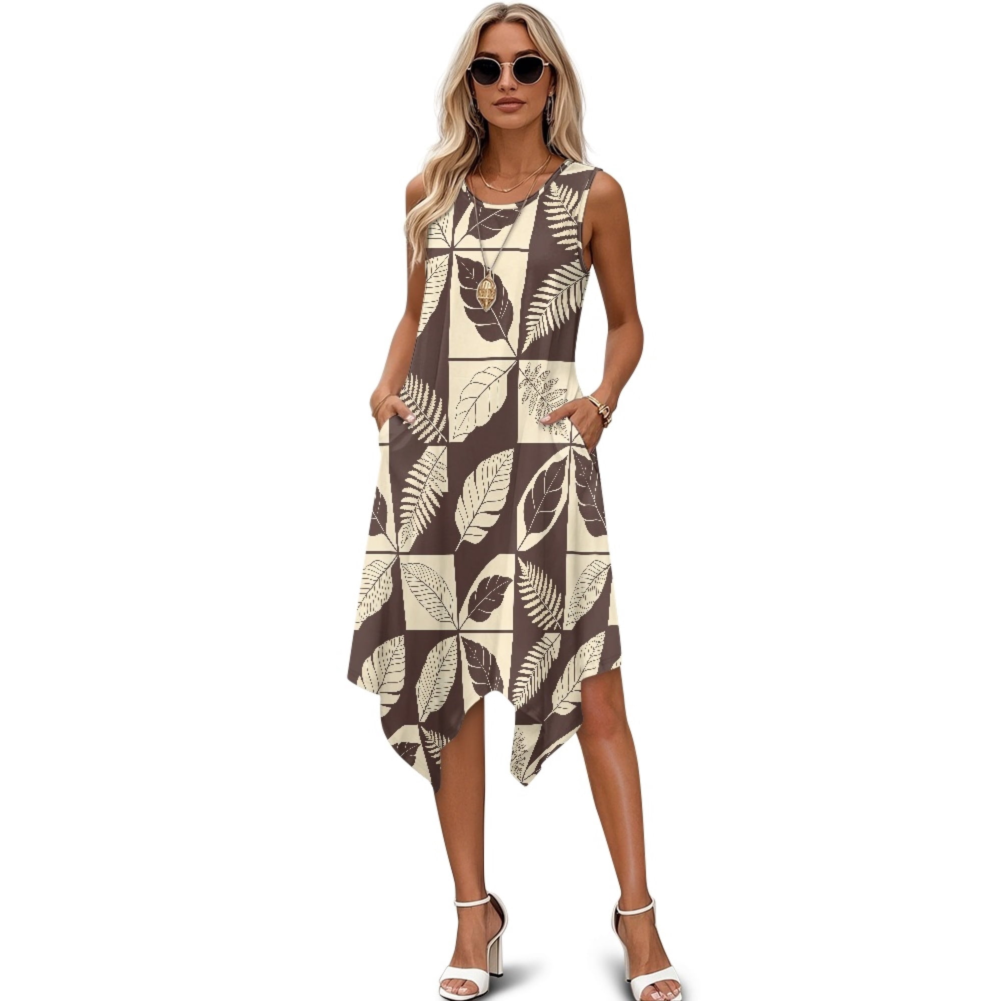 Binienty Sleeveless Sundress with Checkered Leaf Pattern, Asymmetric ...