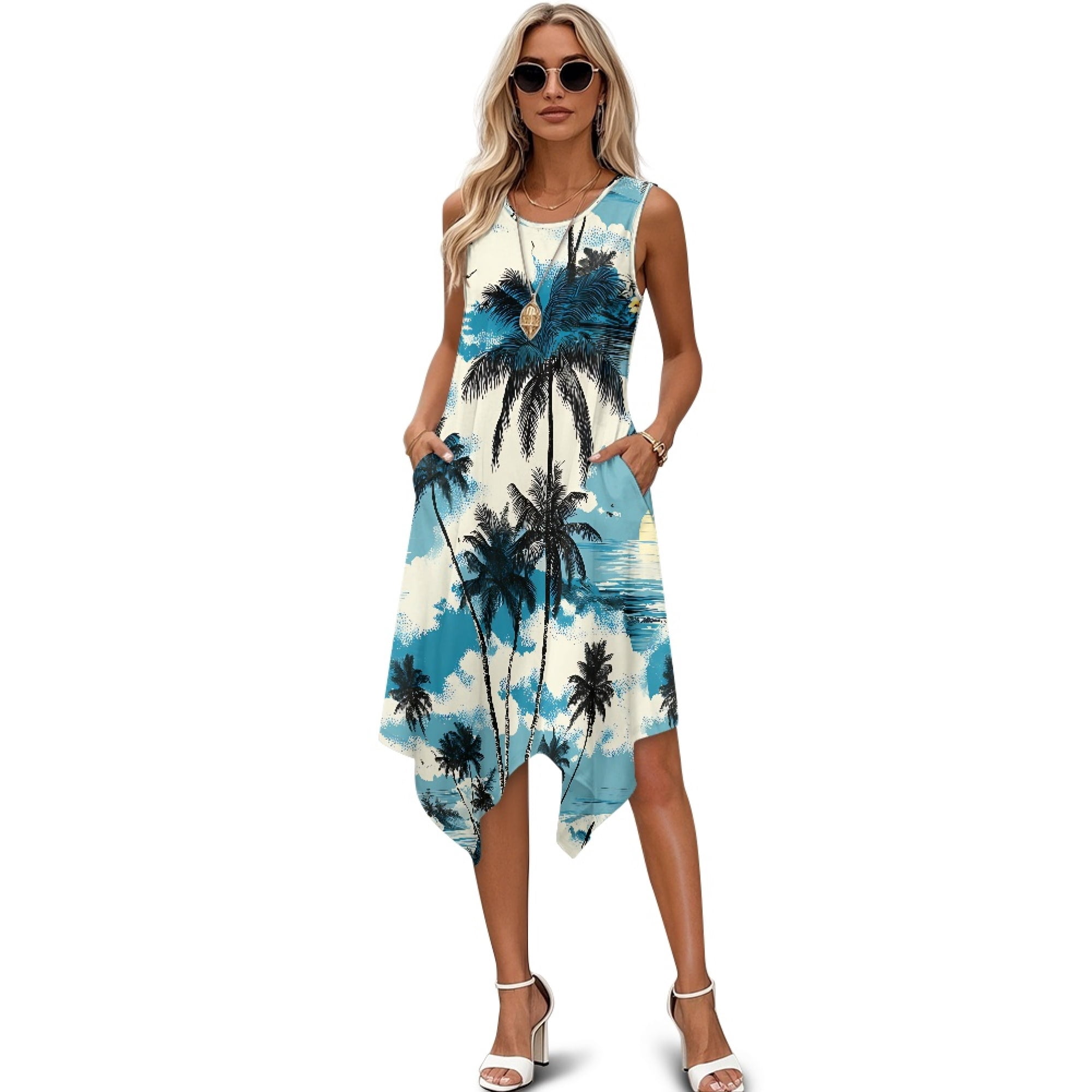 Binienty Sleeveless Sundress with Coconut Palm Pattern, Asymmetric Hem ...