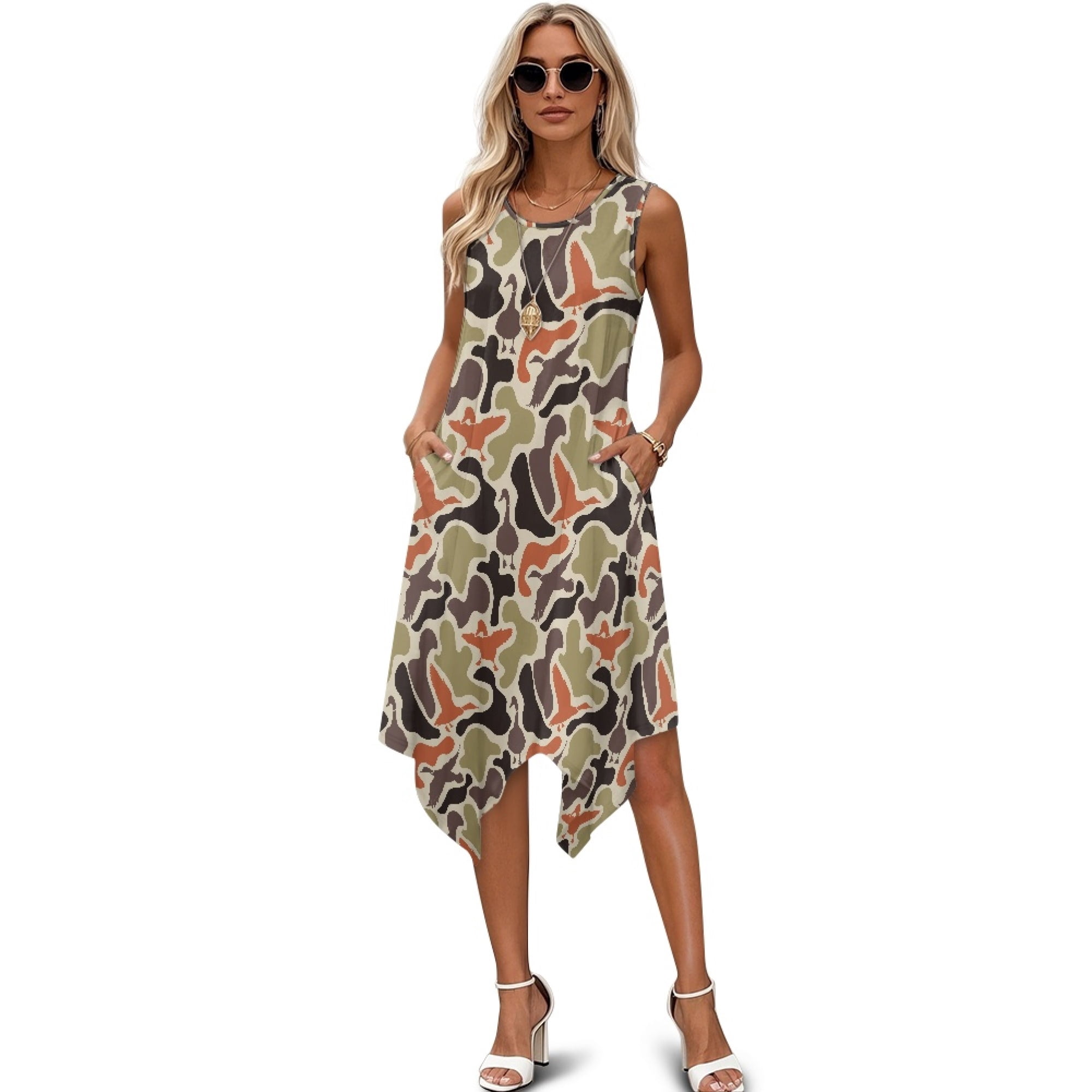 Binienty Sleeveless Sundress with Duck Camo Pattern, Asymmetric Hem ...