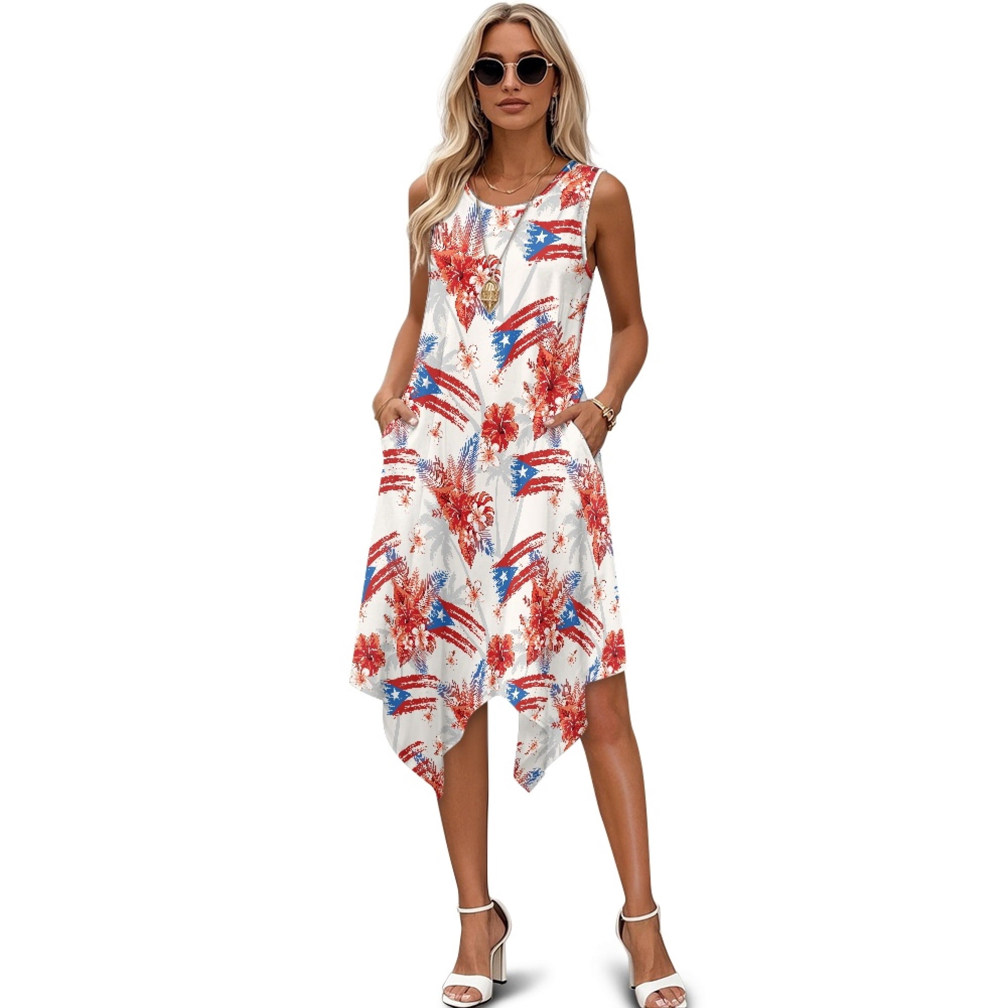 Binienty Sleeveless Sundress with Flag Floral Print, Round Neck Midi ...