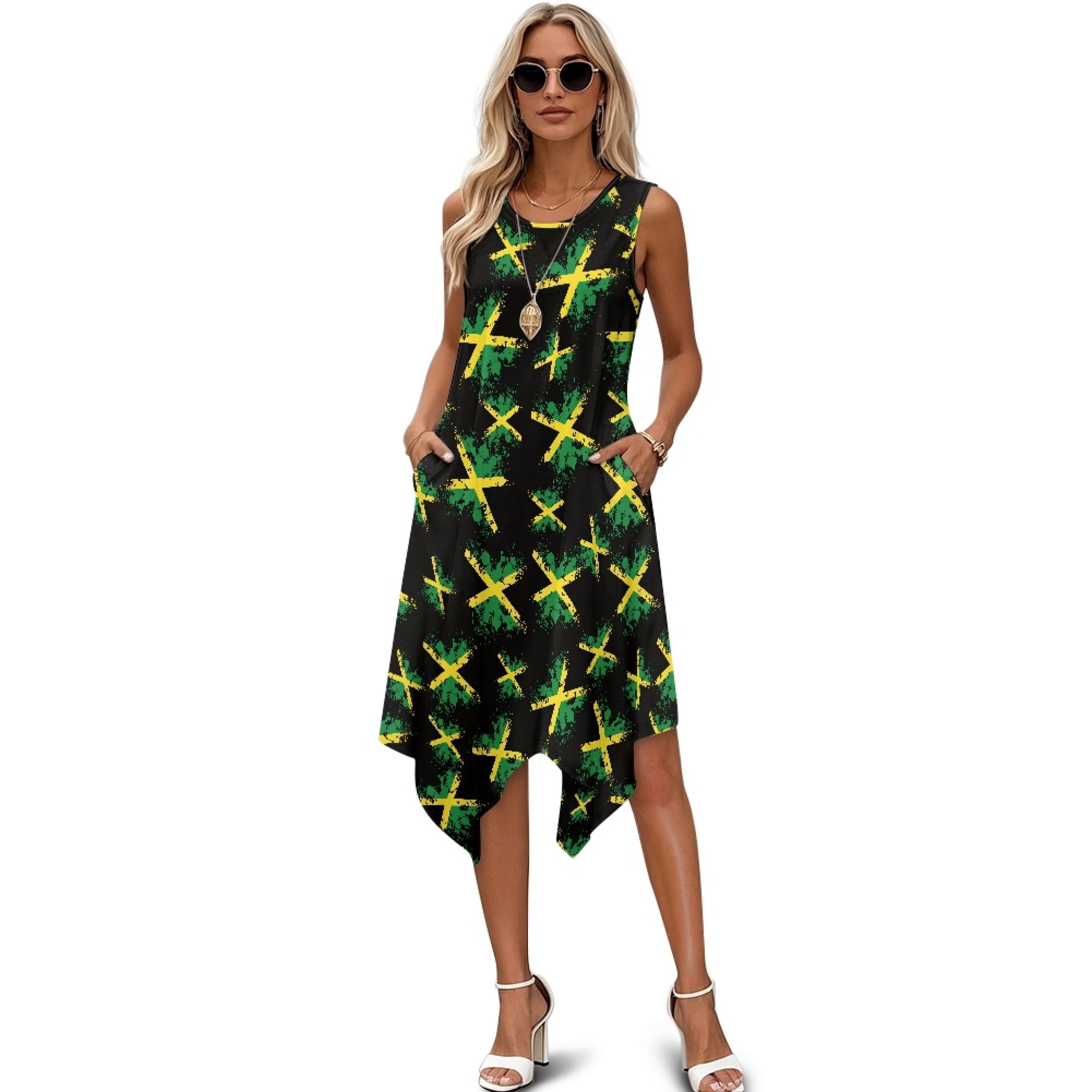 Binienty Sleeveless Sundress with Flag Print, Asymmetric Hem Midi Dress ...