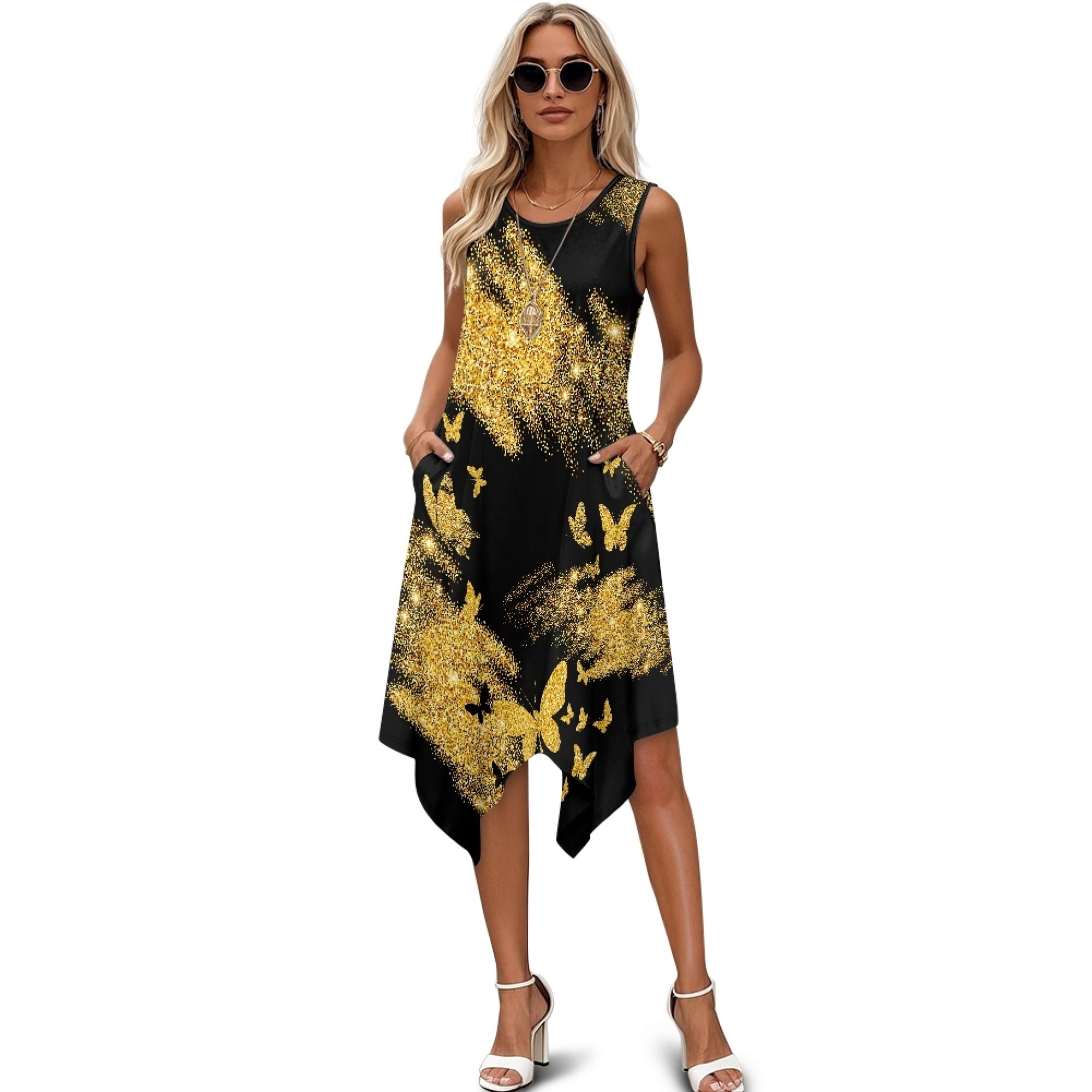 Binienty Sleeveless Sundress with Gold Butterfly Pattern, Asymmetric ...