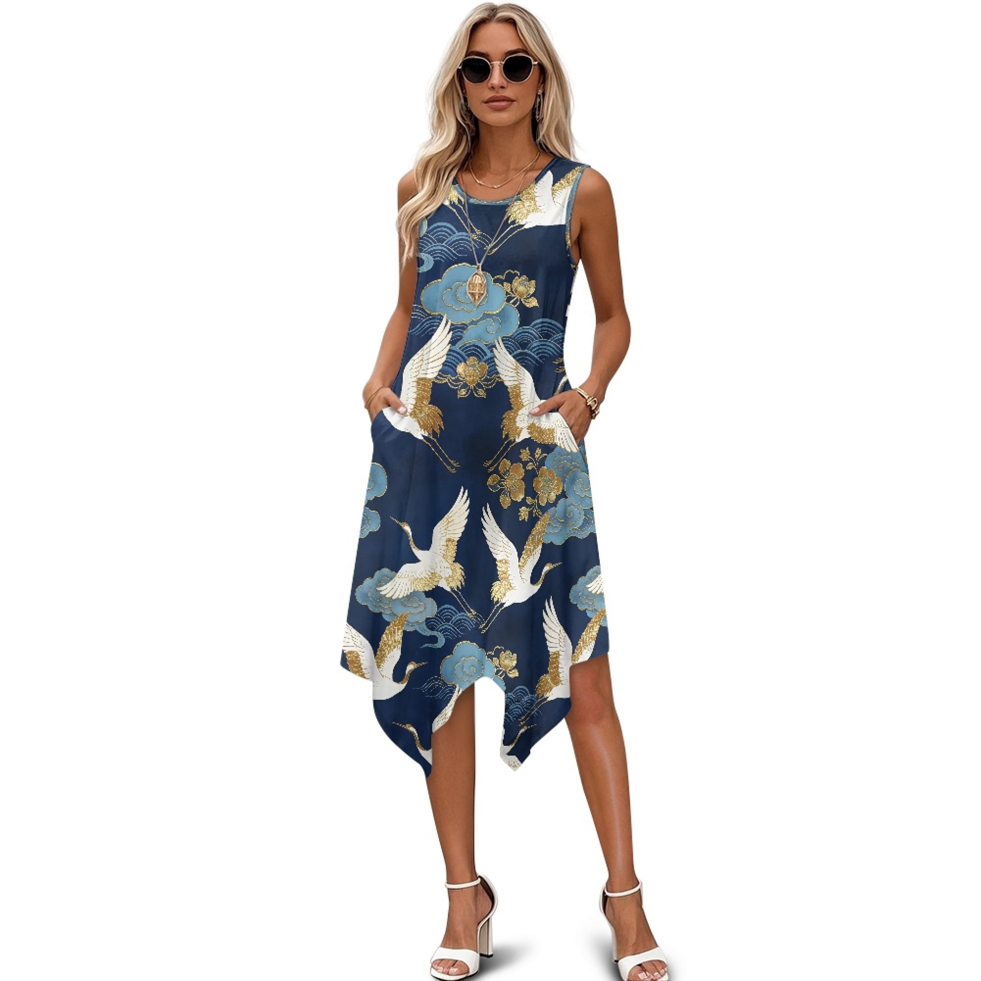 Binienty Sleeveless Sundress with Golden Crane Print, Asymmetric Hem ...