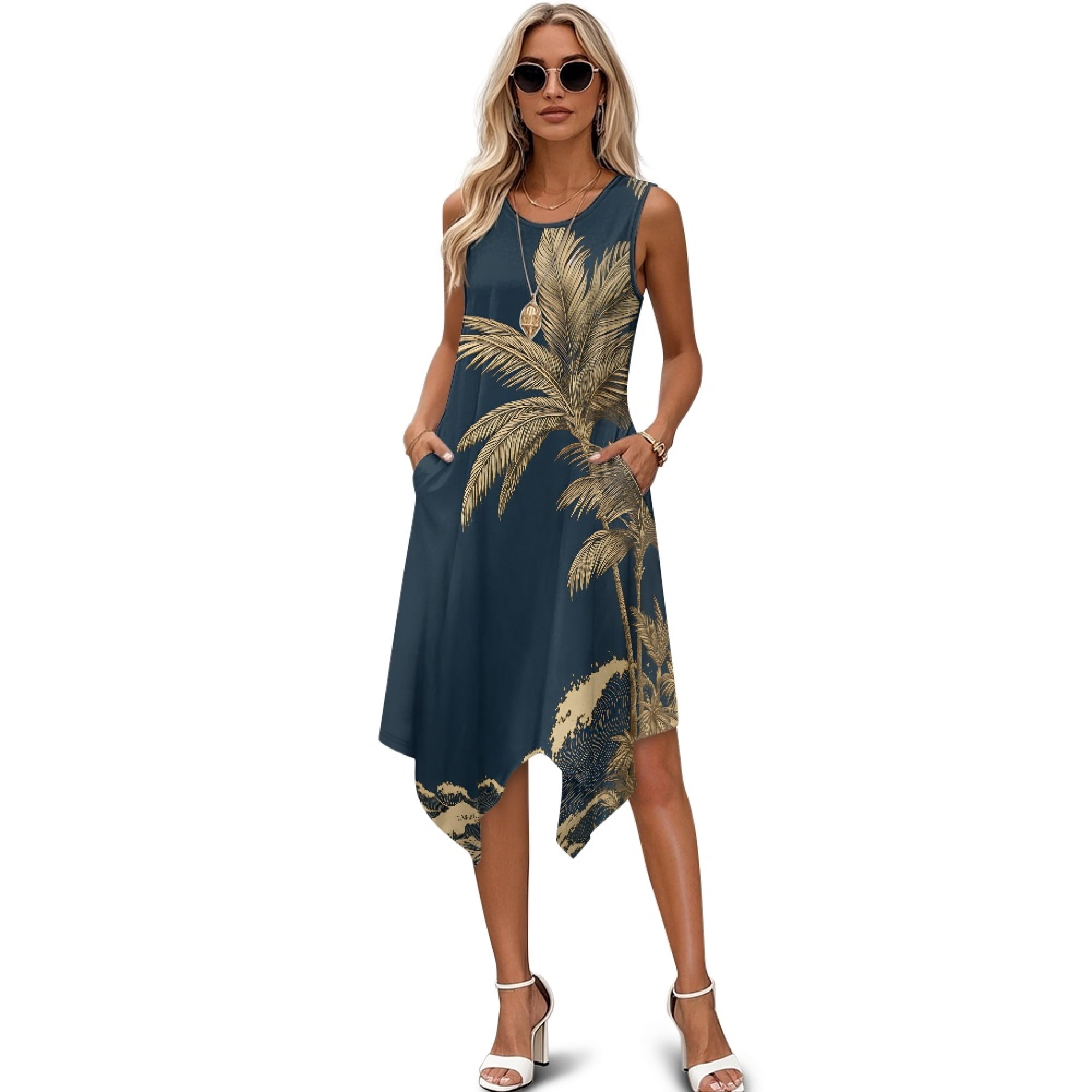 Binienty Sleeveless Sundress with Golden Palm Pattern, Asymmetric Hem ...