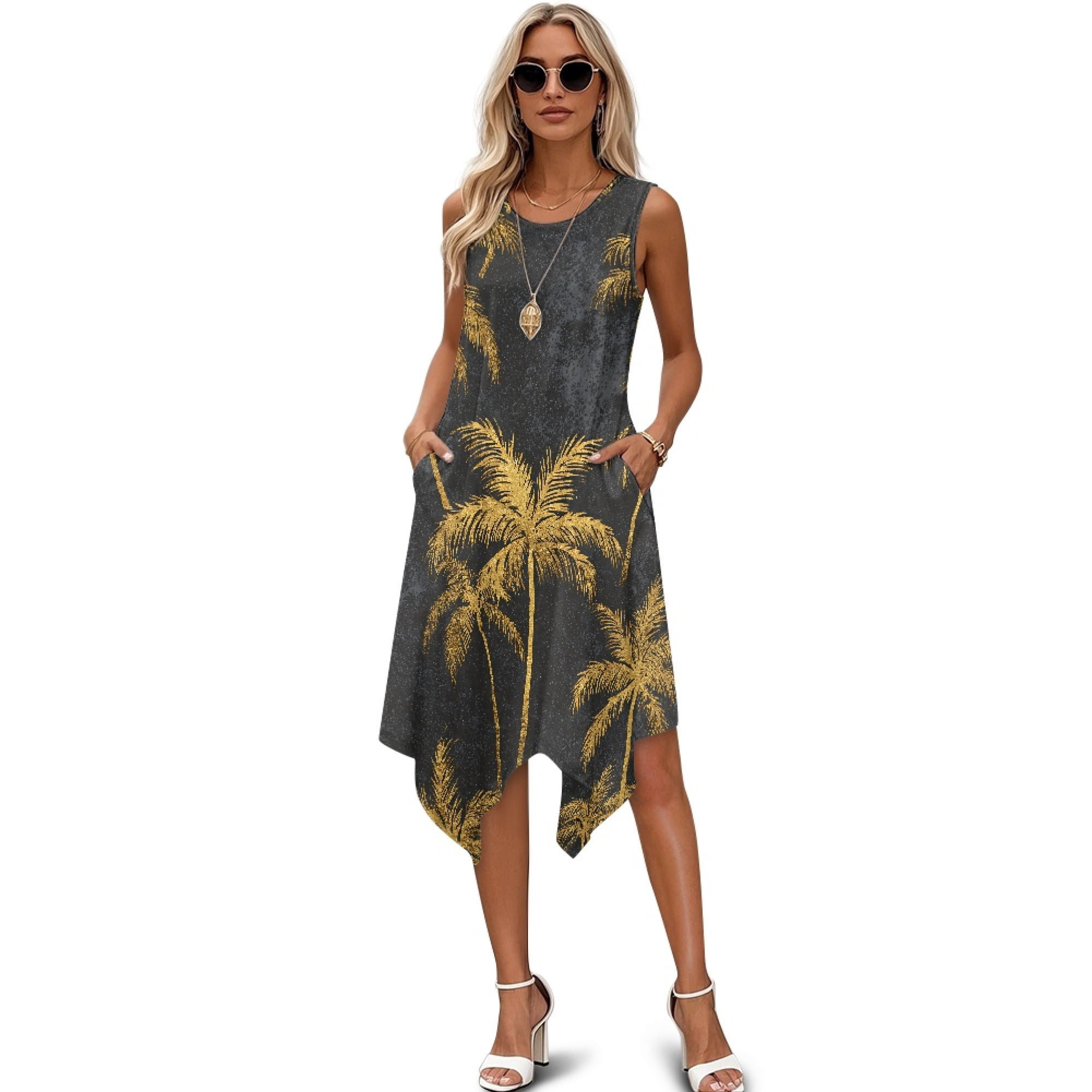 Binienty Sleeveless Sundress with Golden Palm Tree Pattern, Asymmetric ...