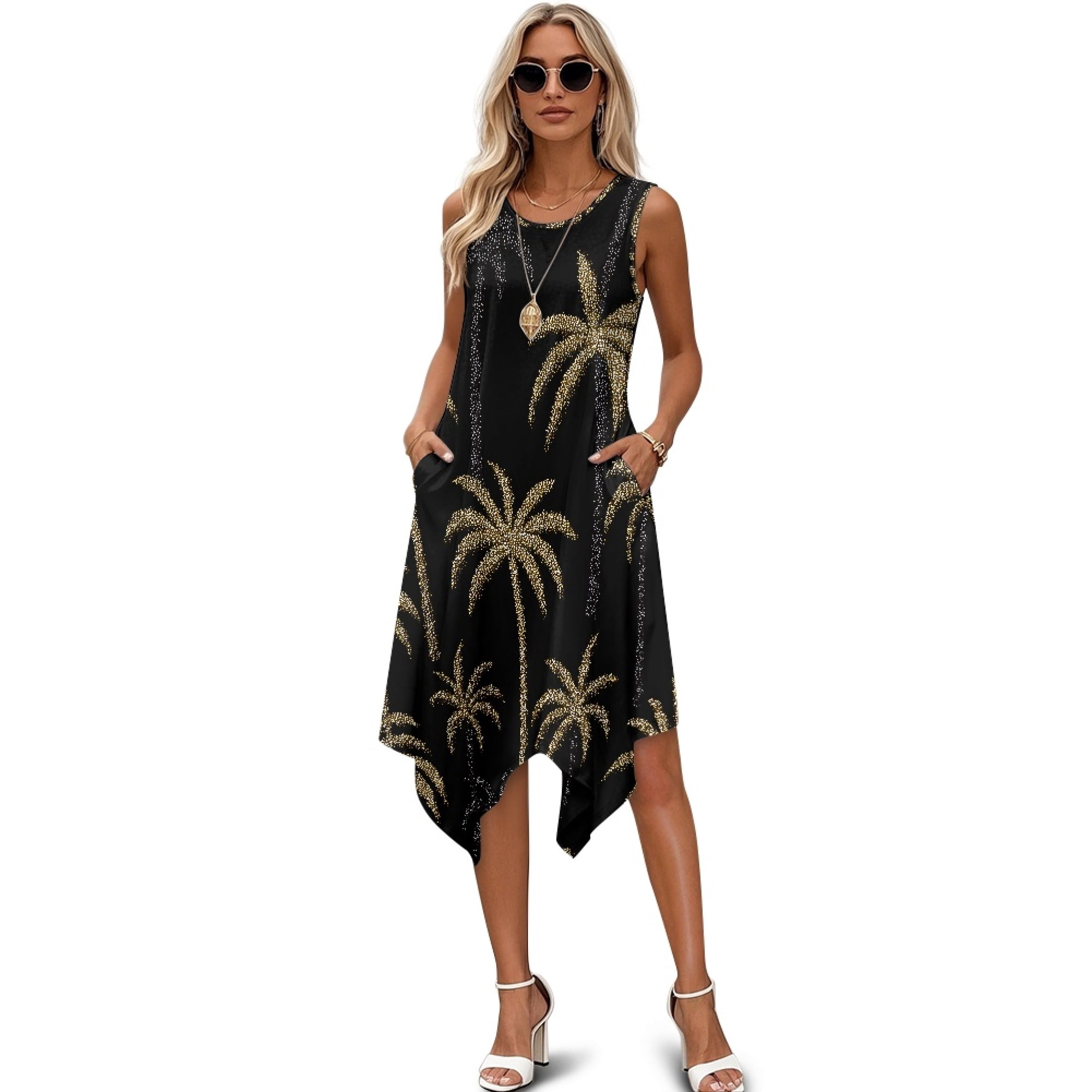 Binienty Sleeveless Sundress with Golden Palm Tree Print, Asymmetric ...