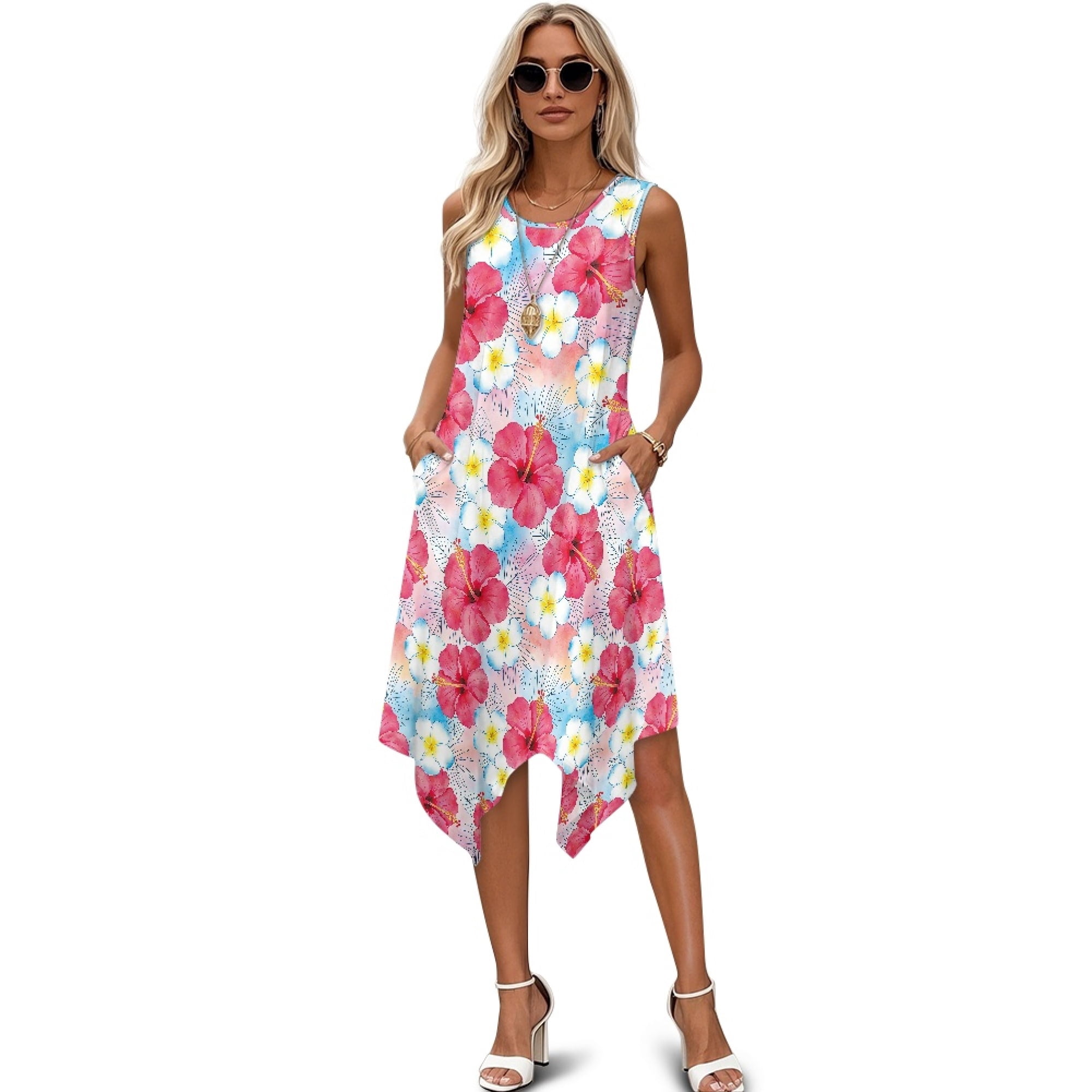 Binienty Sleeveless Sundress with Hibiscus Pattern, Asymmetric Hem Midi ...