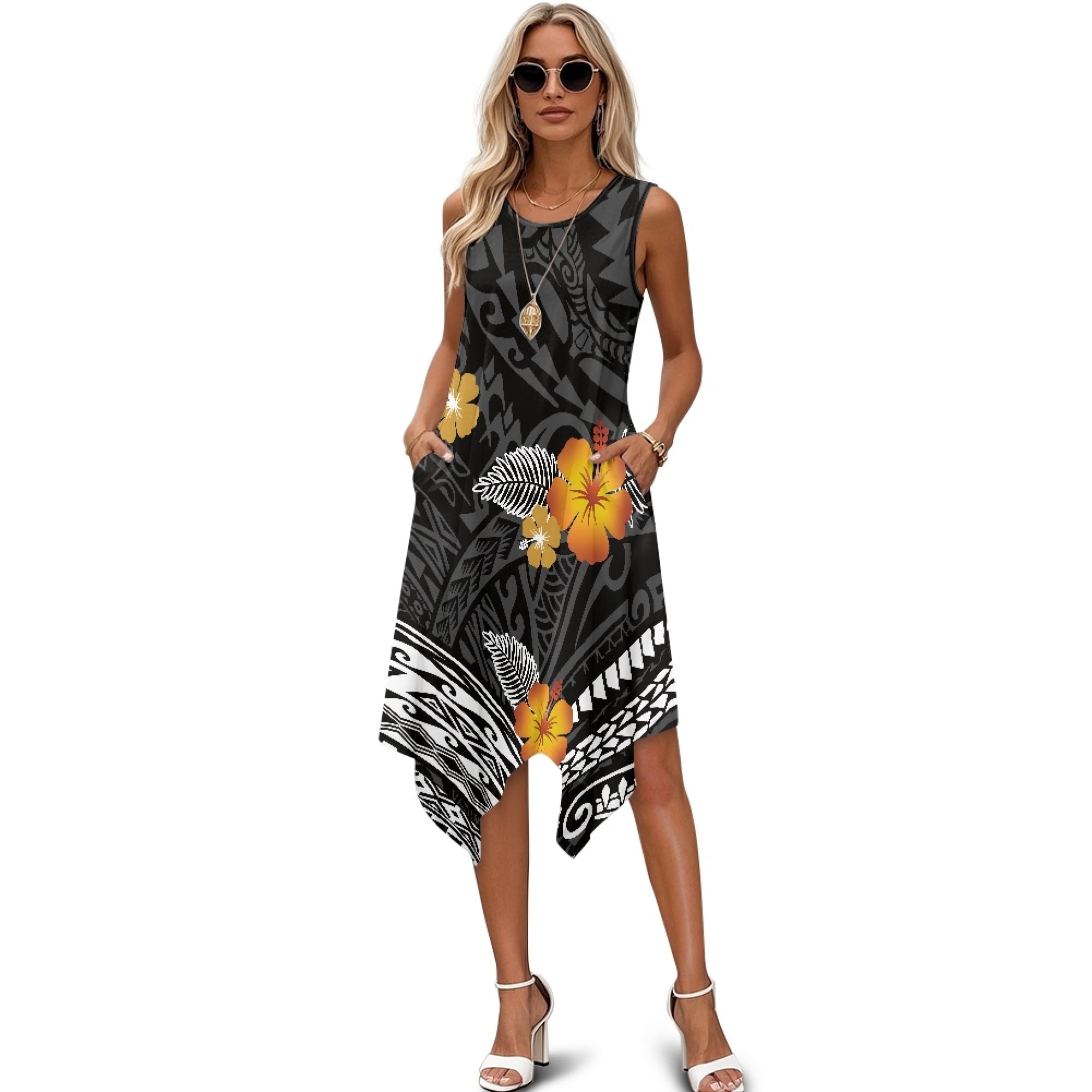 Binienty Sleeveless Sundress with Hibiscus Print, Asymmetric Hem Midi ...