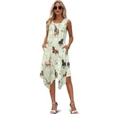 Binienty Sleeveless Sundress with Horse Daisy Print, Asymmetric Hem ...