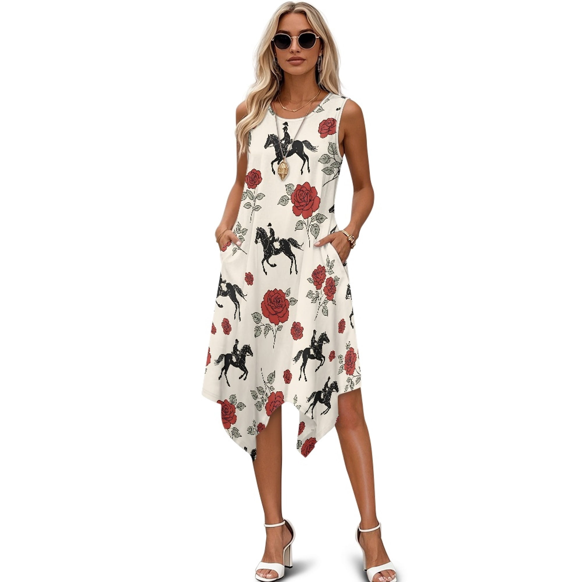 Binienty Sleeveless Sundress with Horse Rose Pattern, Asymmetric Hem ...