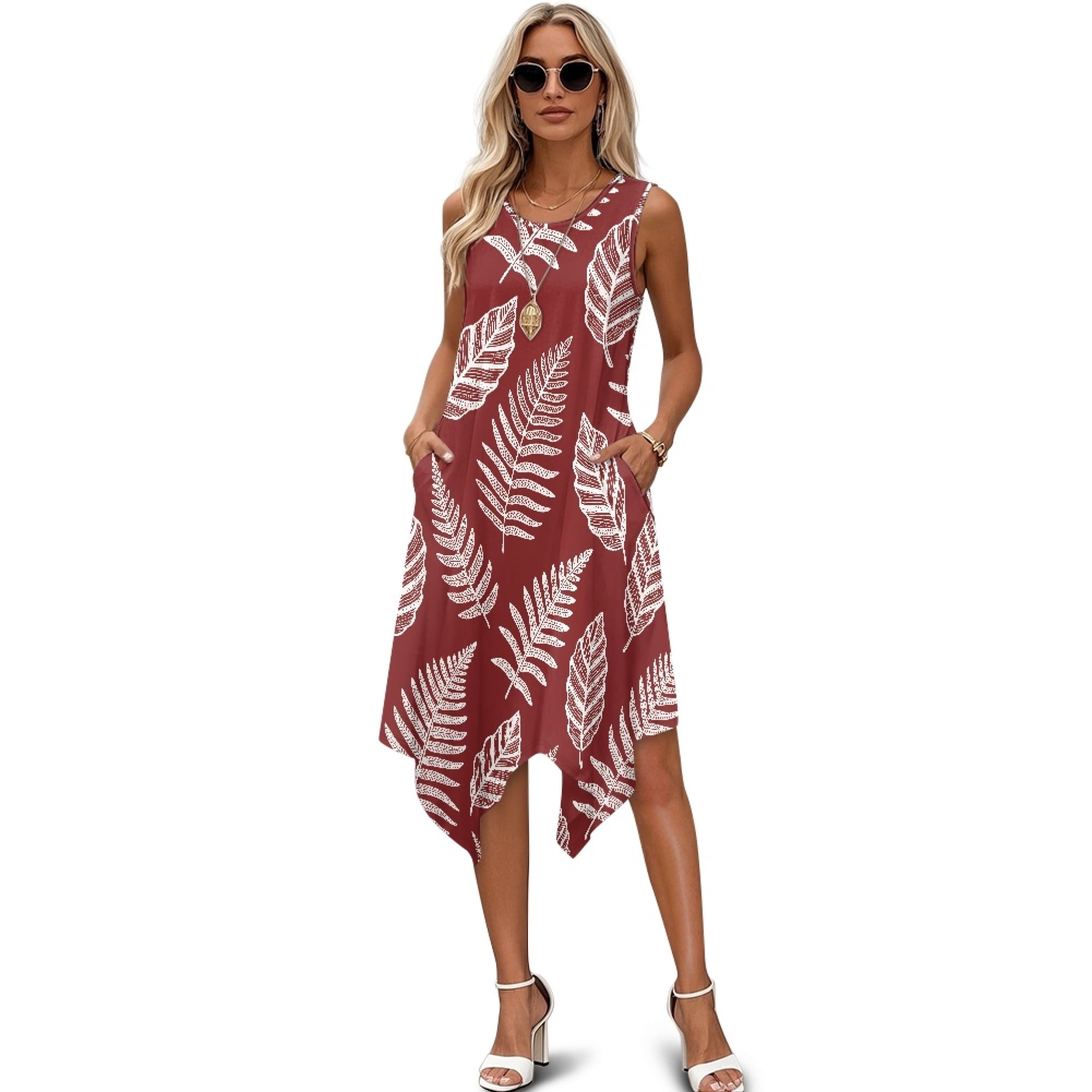 Binienty Sleeveless Sundress with Leaf Print, Summer Asymmetric Hem ...
