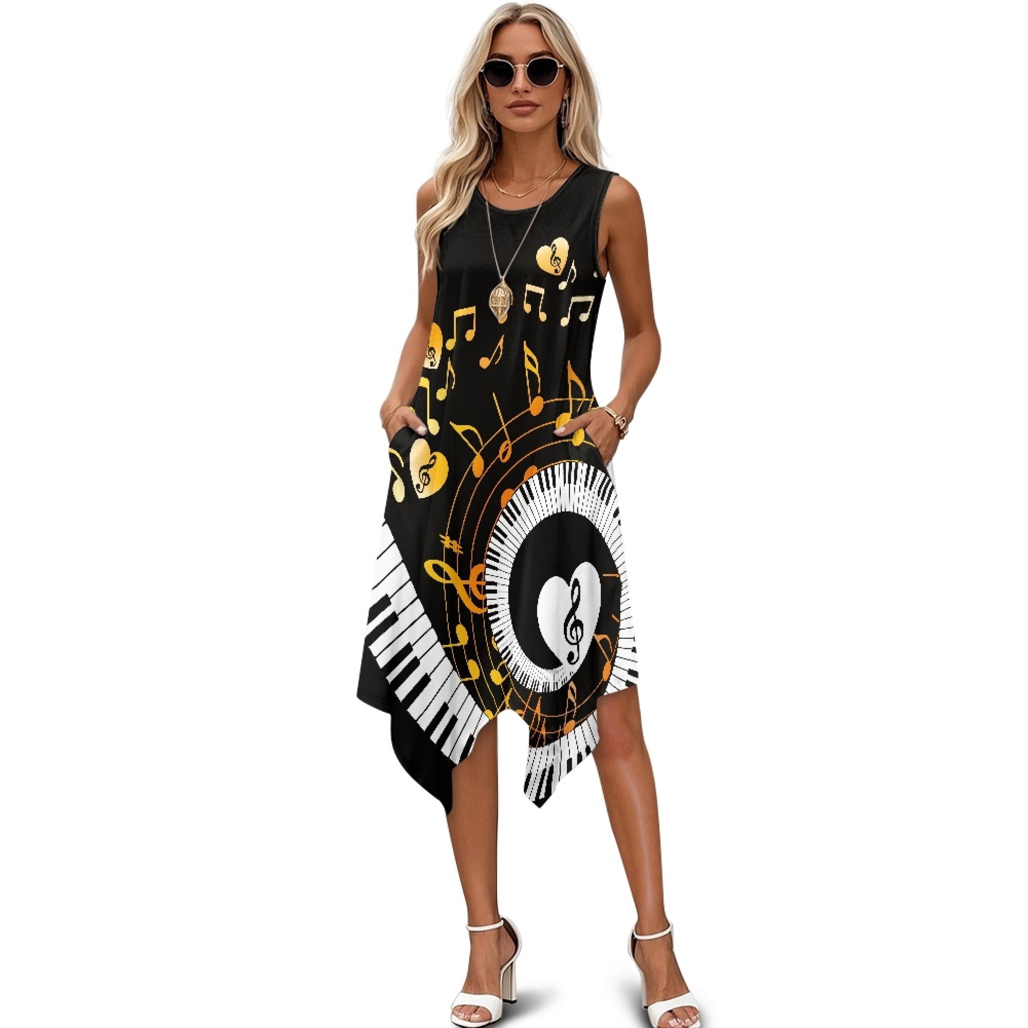 Binienty Sleeveless Sundress with Music Piano Pattern, Asymmetric Hem ...