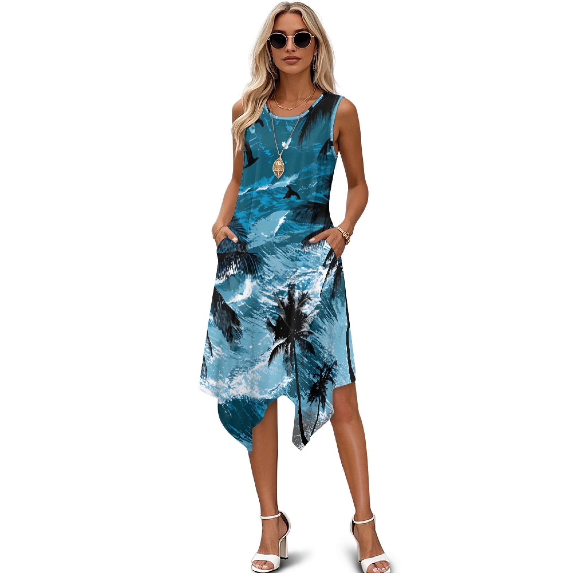 Binienty Sleeveless Sundress with Ocean Palm Print, Asymmetric Hem Midi ...