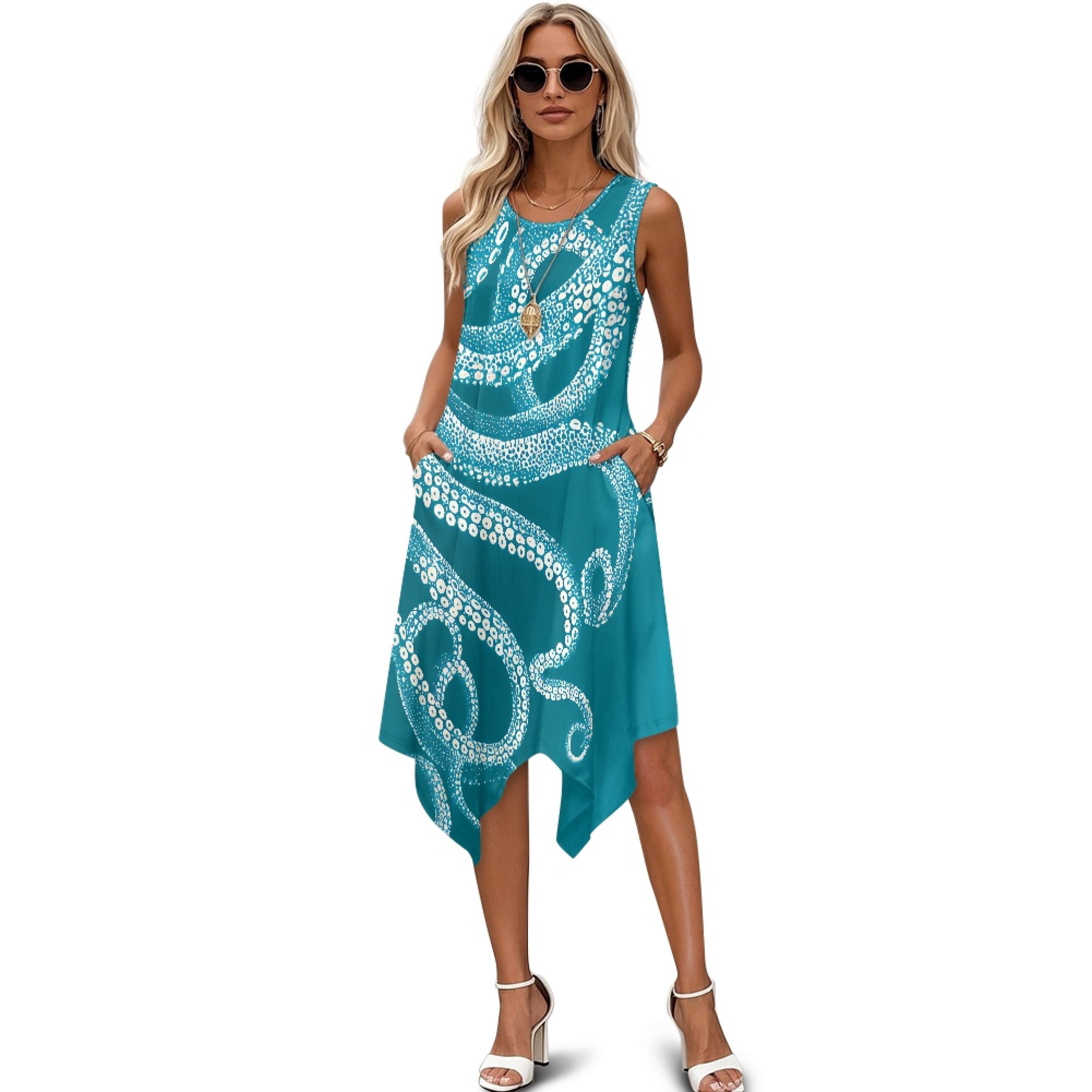 Binienty Sleeveless Sundress with Octopus Pattern, Asymmetric Hem Midi ...