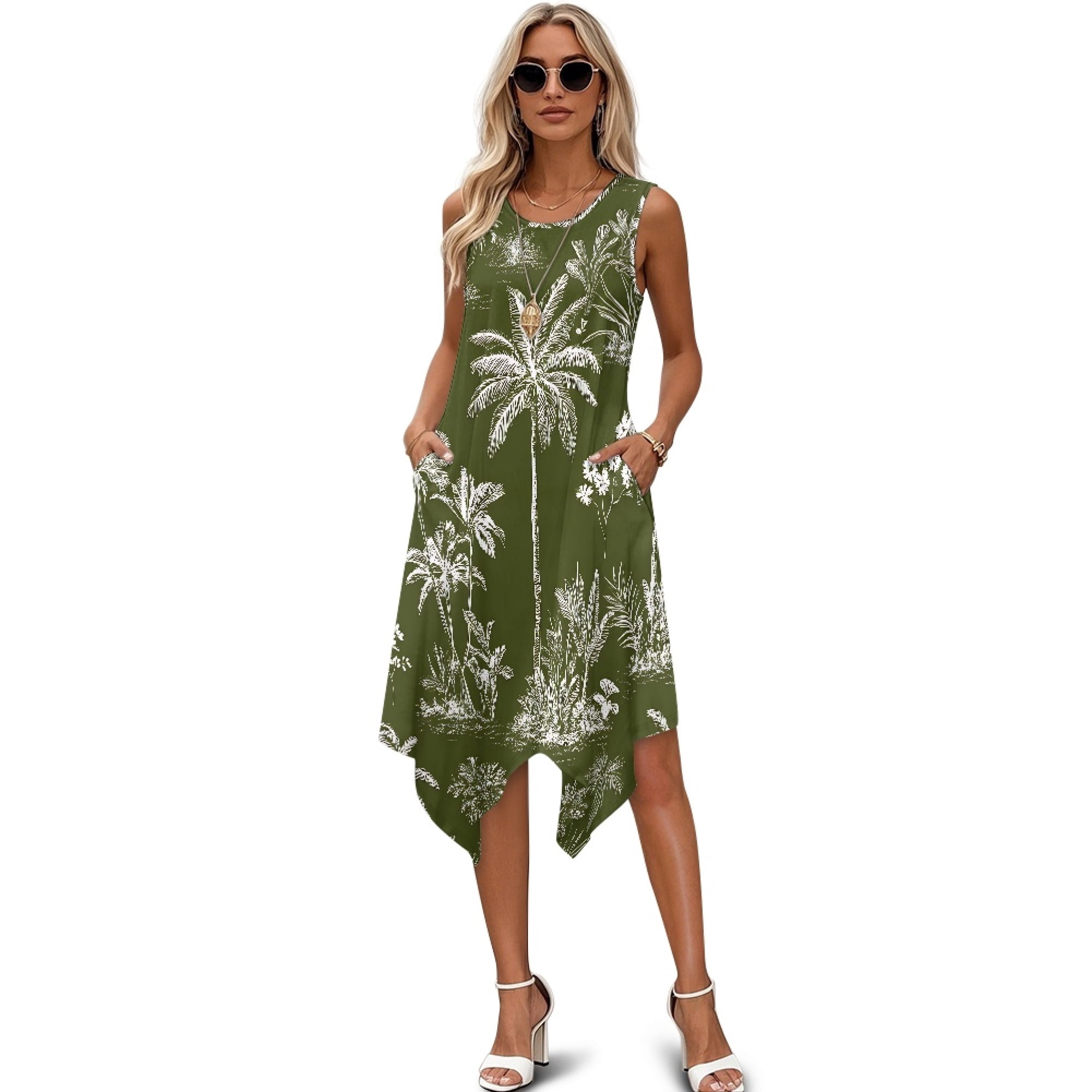 Binienty Sleeveless Sundress with Palm Tree Pattern, Asymmetric Hem ...