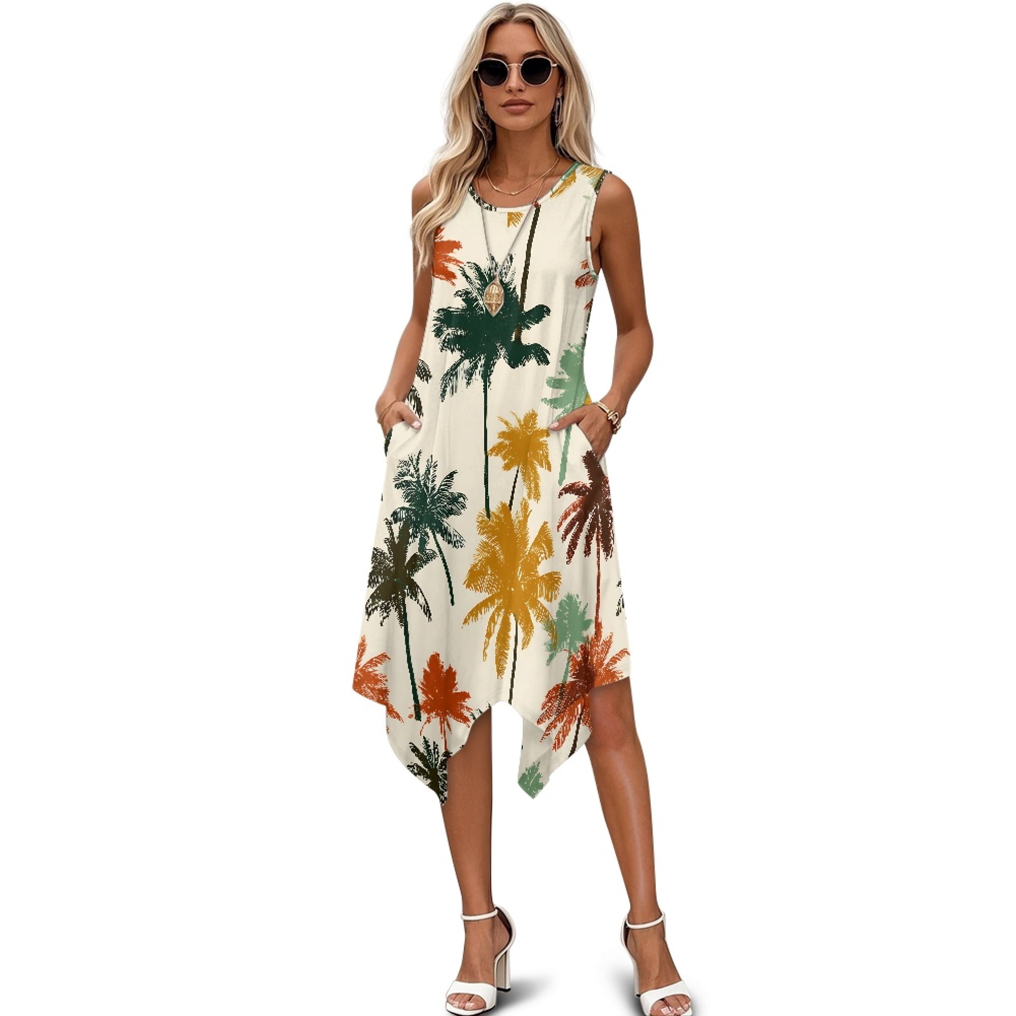 Binienty Sleeveless Sundress with Palm Tree Print, Asymmetric Hem Midi ...