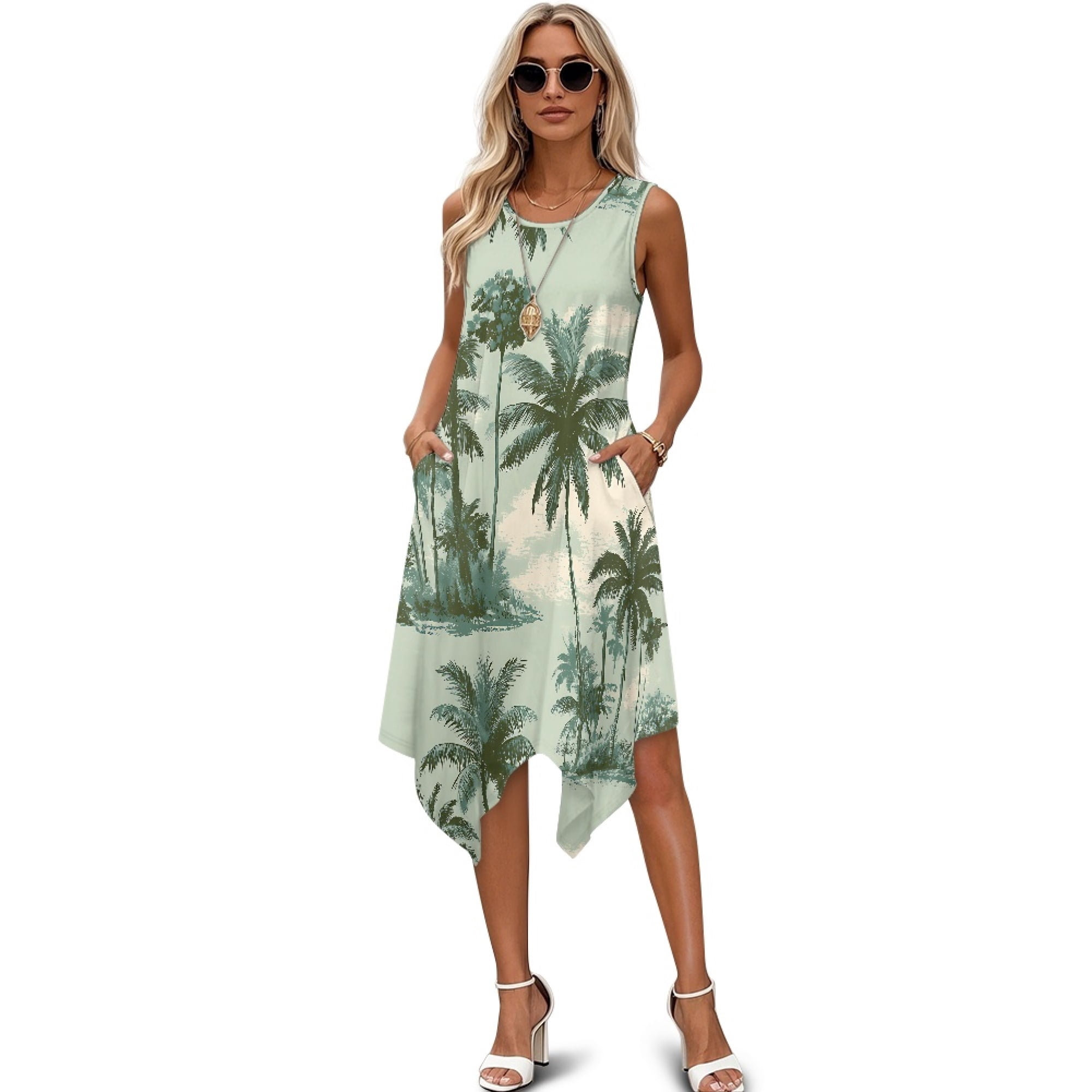 Binienty Sleeveless Sundress with Palm Tree Print, Asymmetric Hem Midi ...