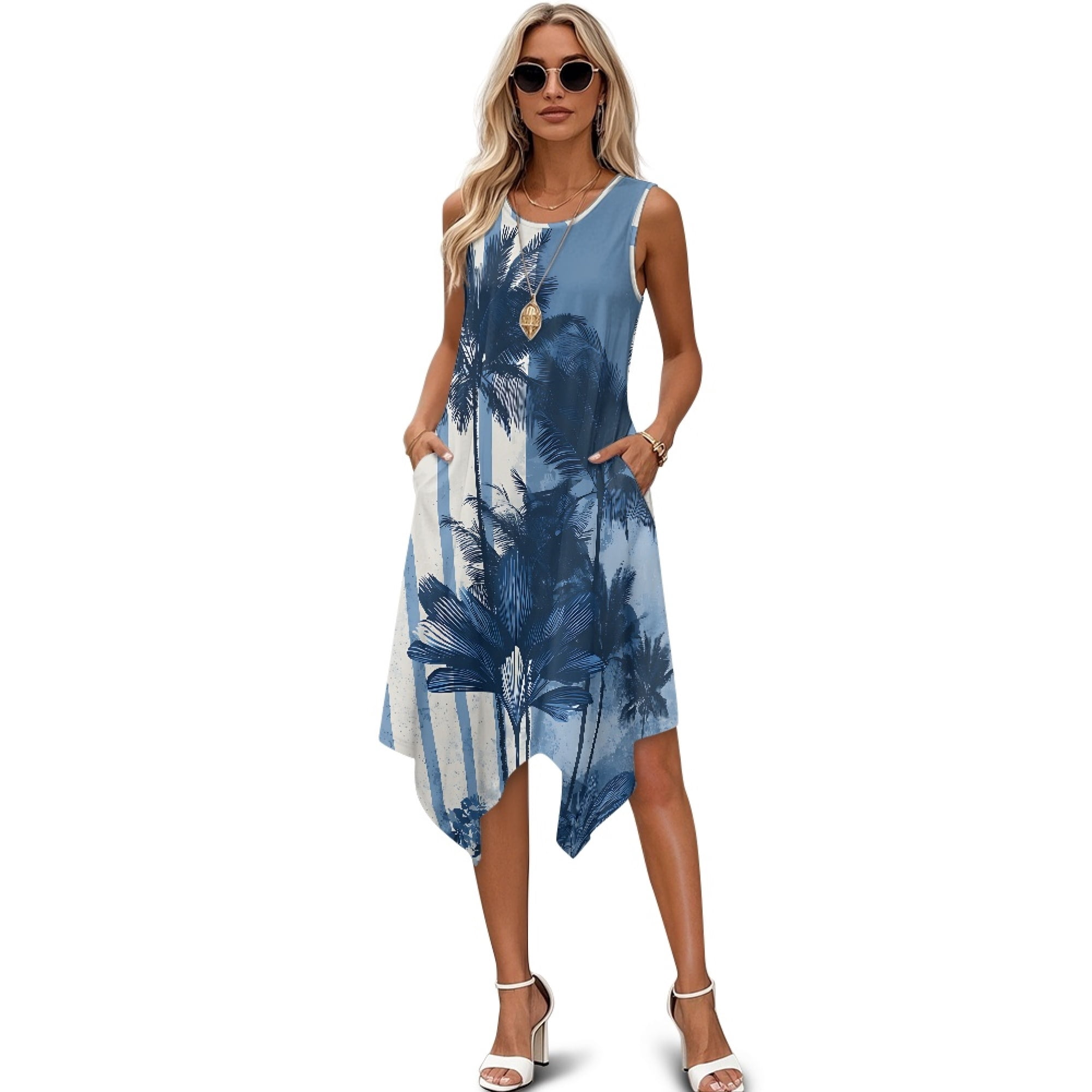 Binienty Sleeveless Sundress with Palm Tree Print, Asymmetric Midi ...