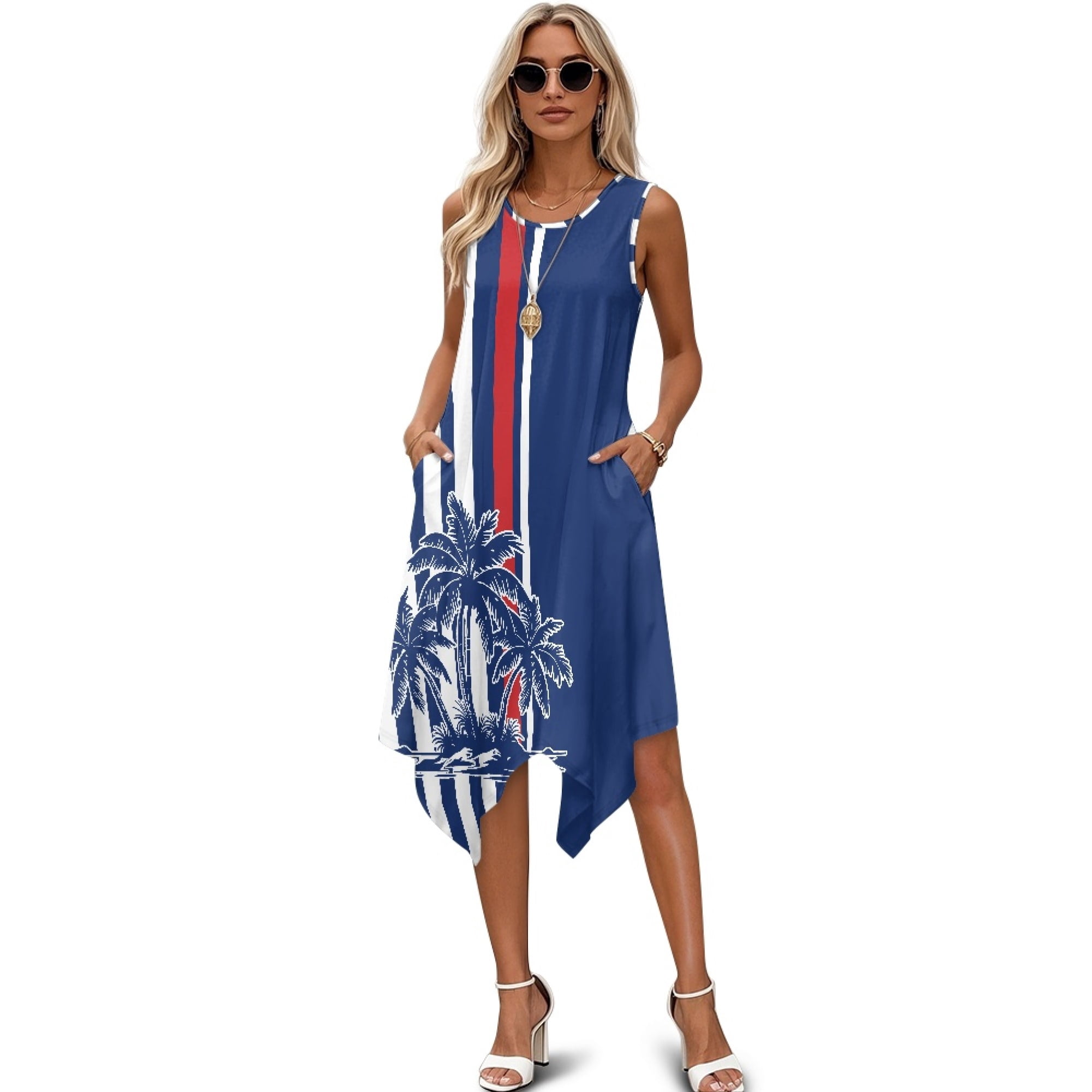 Binienty Sleeveless Sundress with Palm Tree Print, Asymmetric Midi ...