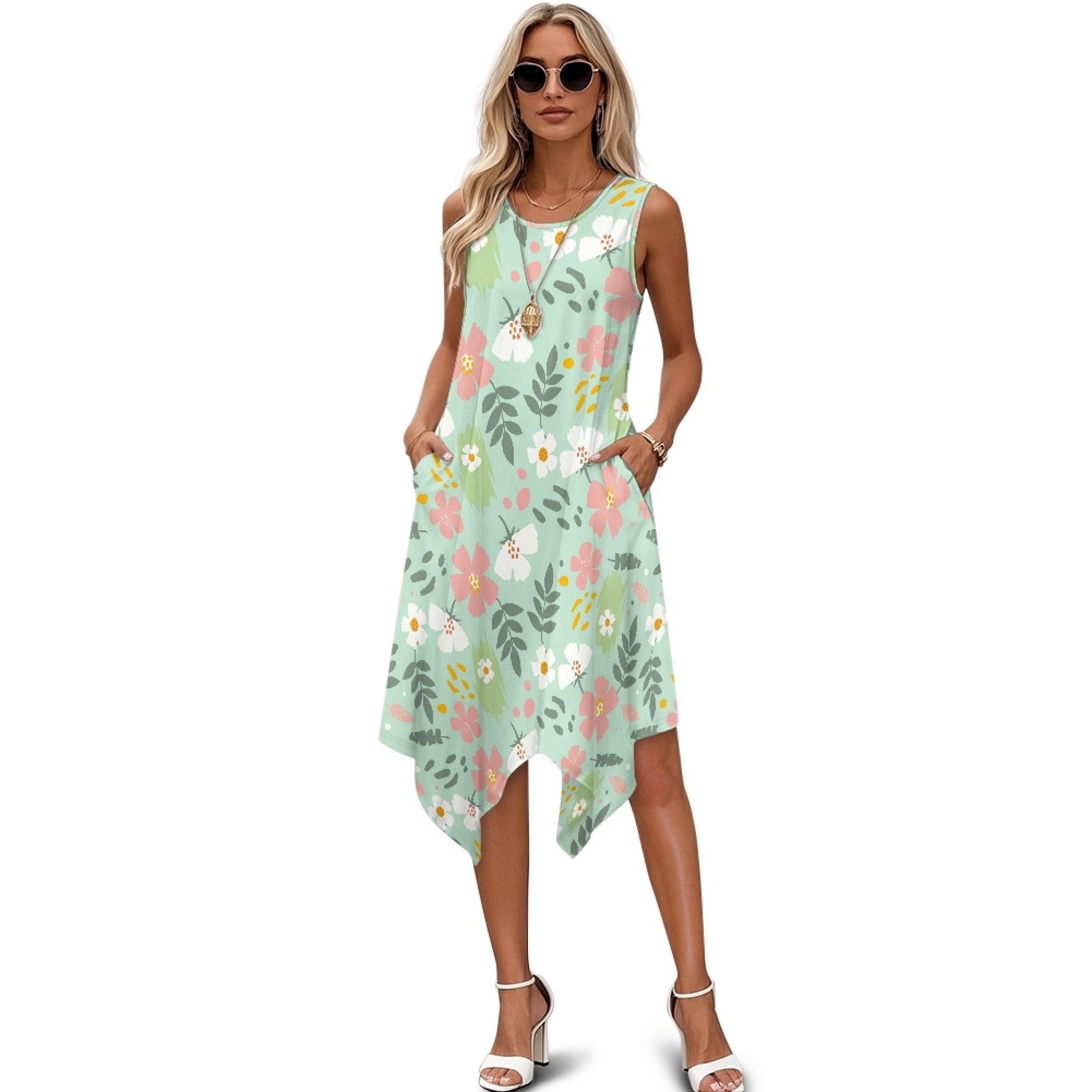 Binienty Sleeveless Sundress with Pastel Floral Pattern, Asymmetric Hem ...