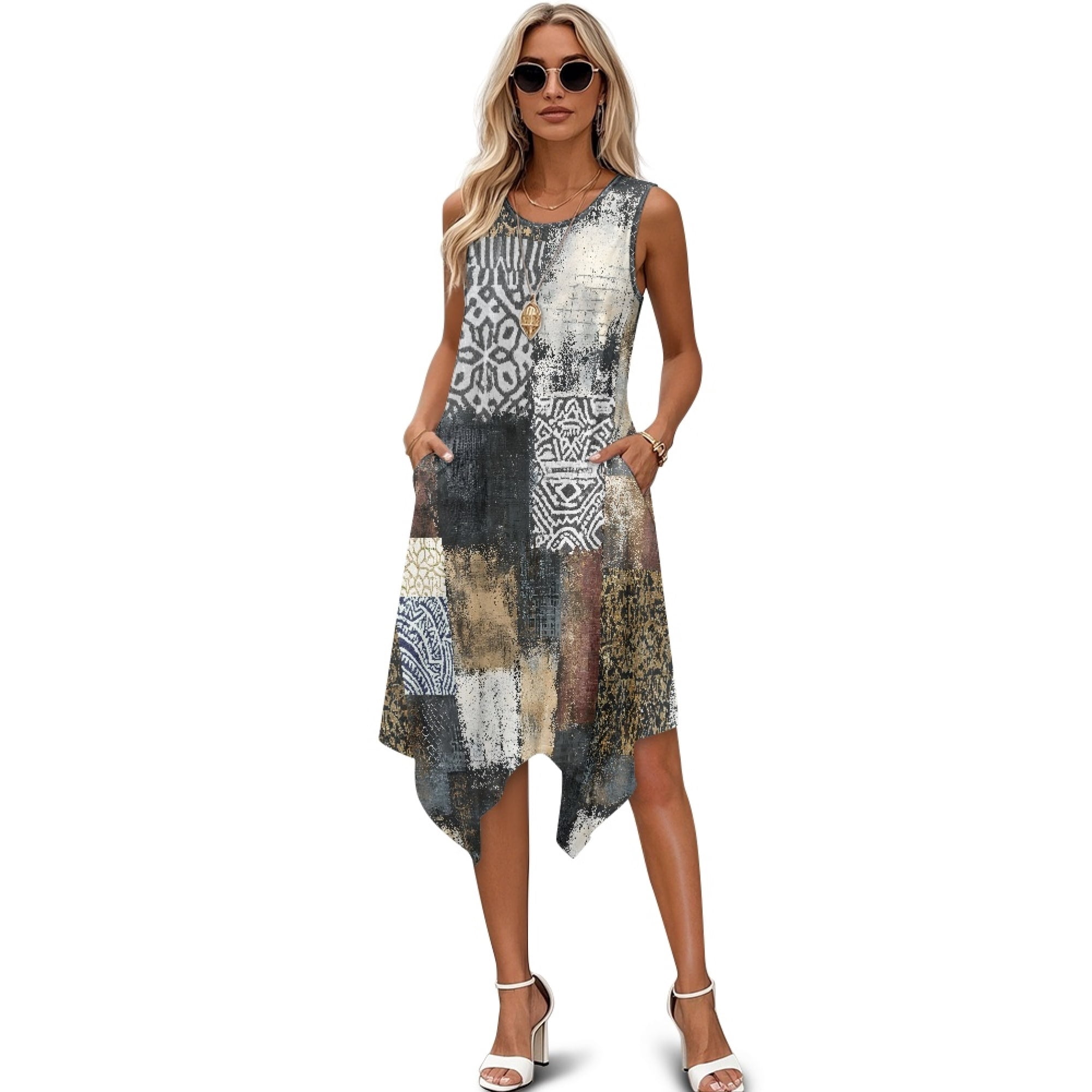 Binienty Sleeveless Sundress with Patchwork Pattern, Irregular Hem Midi ...
