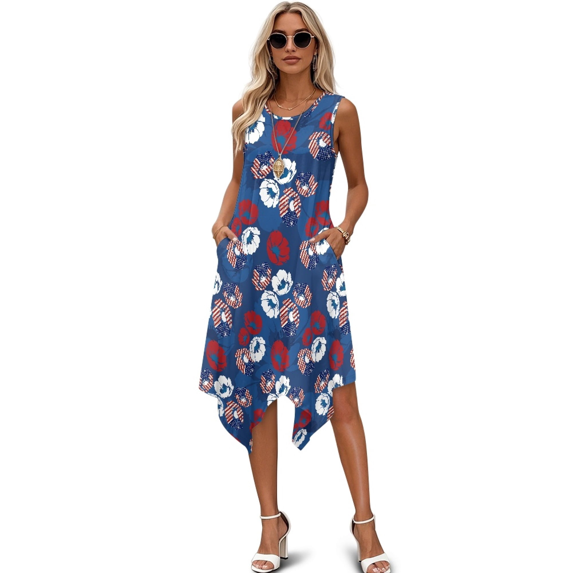 Binienty Sleeveless Sundress with Patriotic Floral Pattern, Asymmetric ...