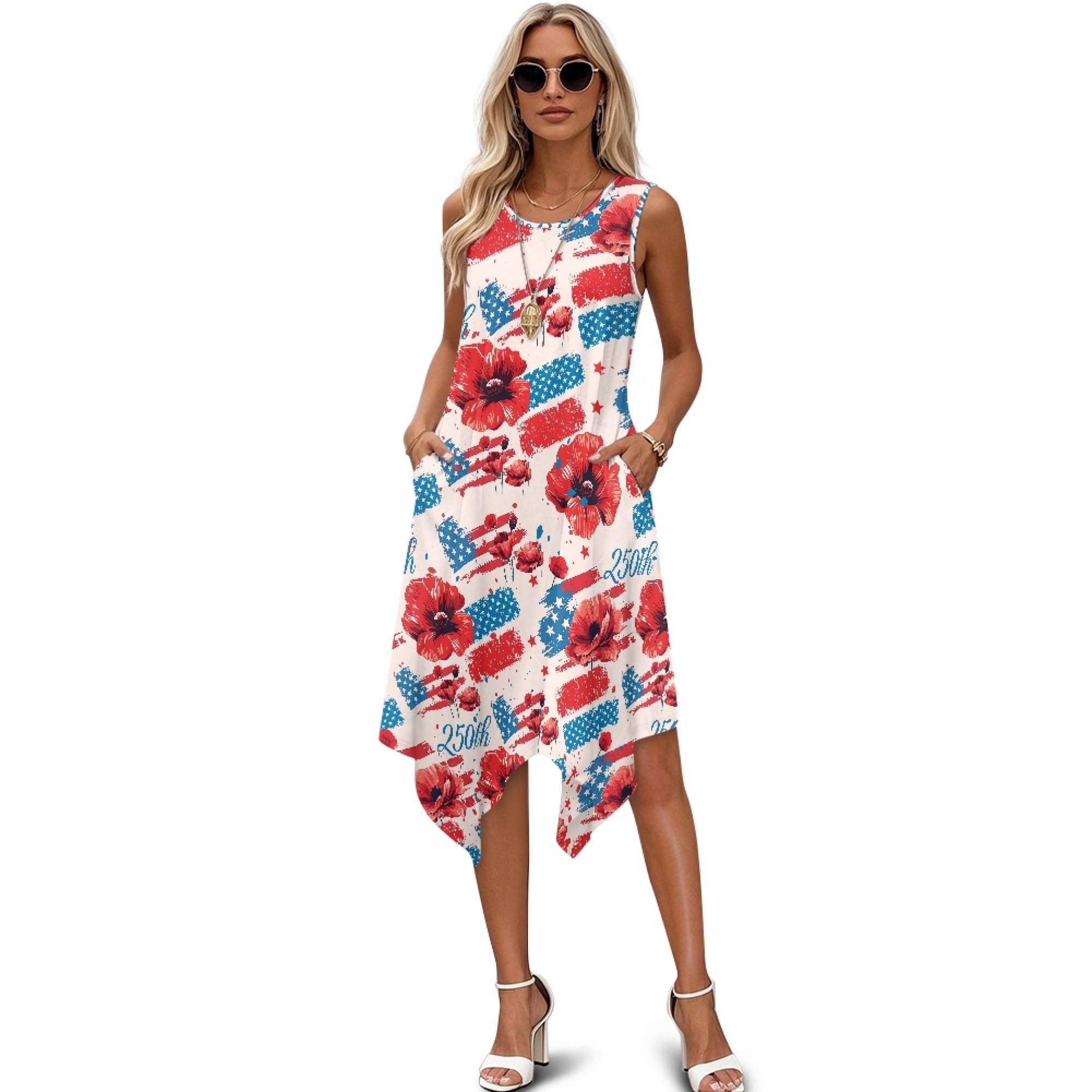 Binienty Sleeveless Sundress with Patriotic Poppy Print, Asymmetric Hem ...