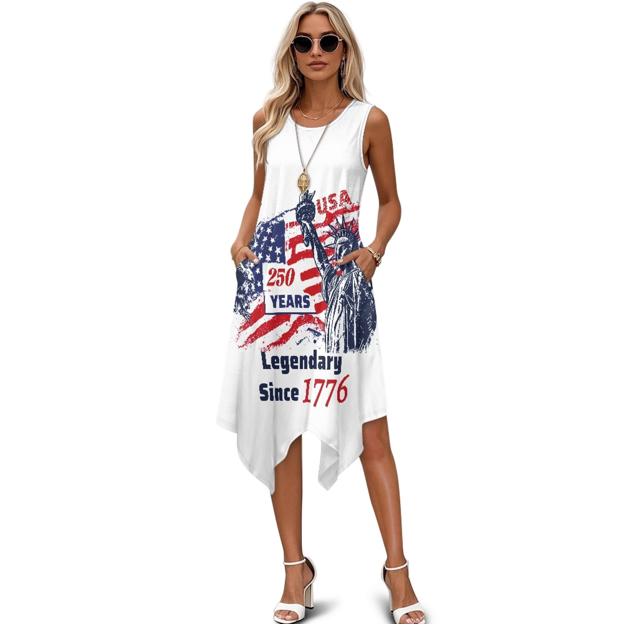 Binienty Sleeveless Sundress with Patriotic Print, Asymmetric Hem Midi ...
